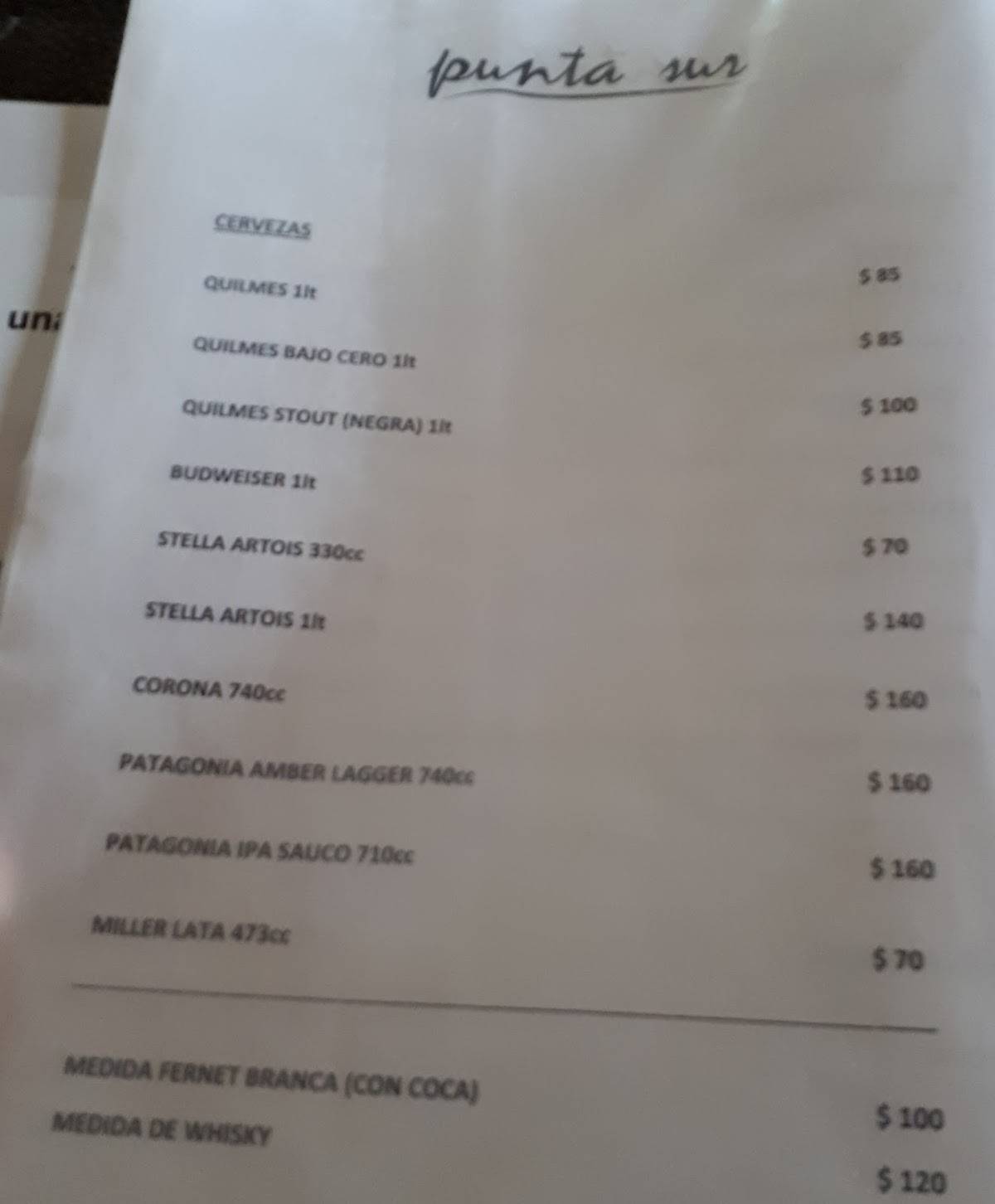 Carta del restaurante Punta Sur, Sauce Viejo, RN11