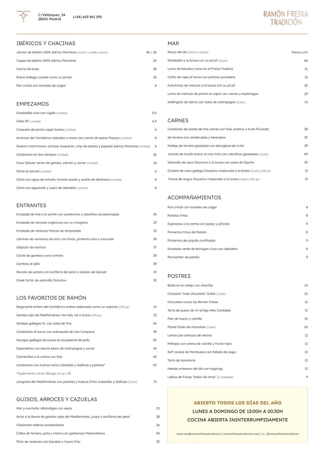 Menu at Ramón Freixa Tradición restaurant, Madrid
