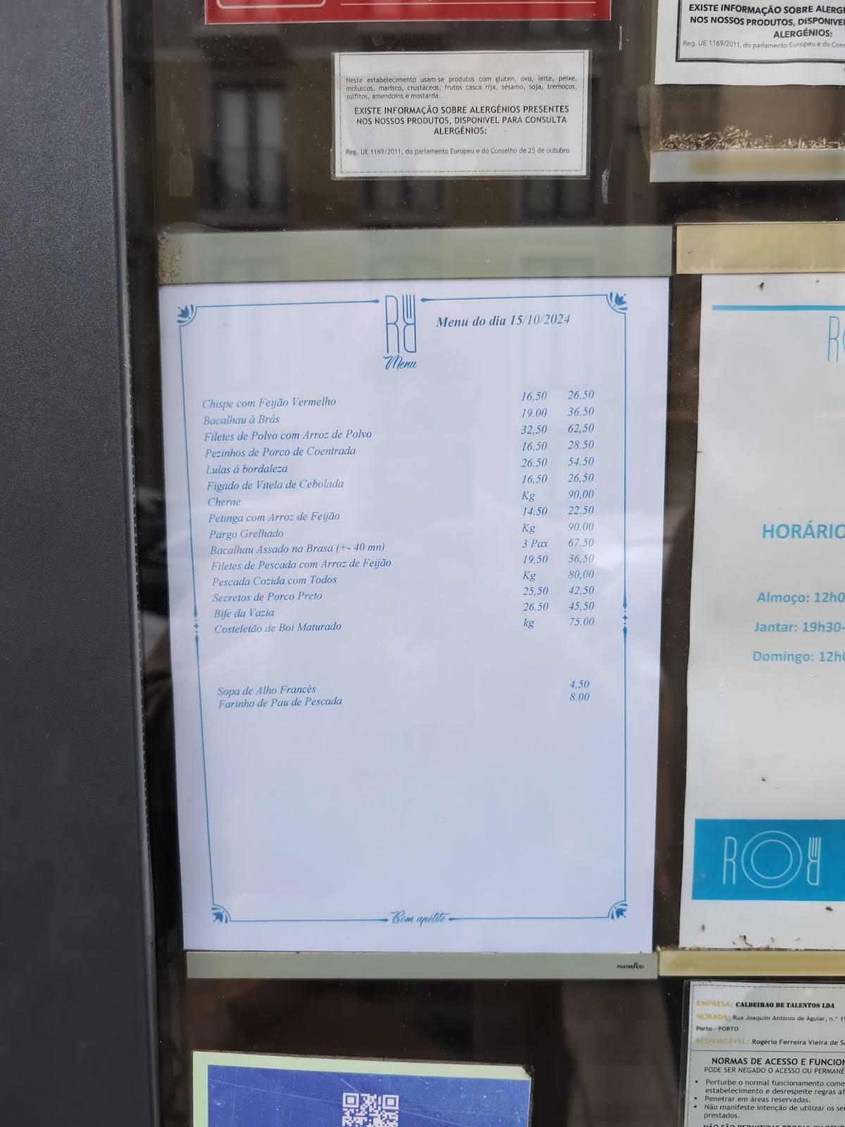 Menu em Restaurante Rogério do Redondo, Porto