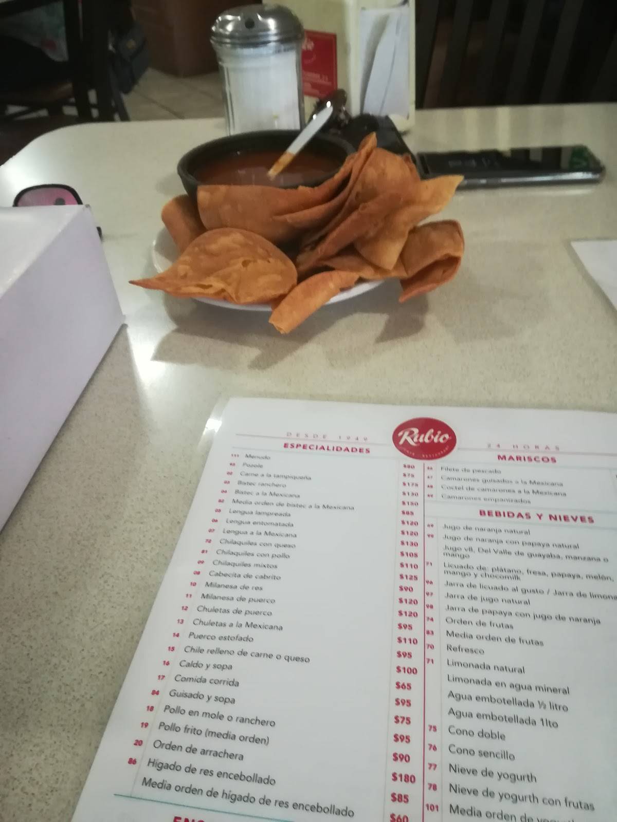 Carta de Restaurante Rubio, Monterrey
