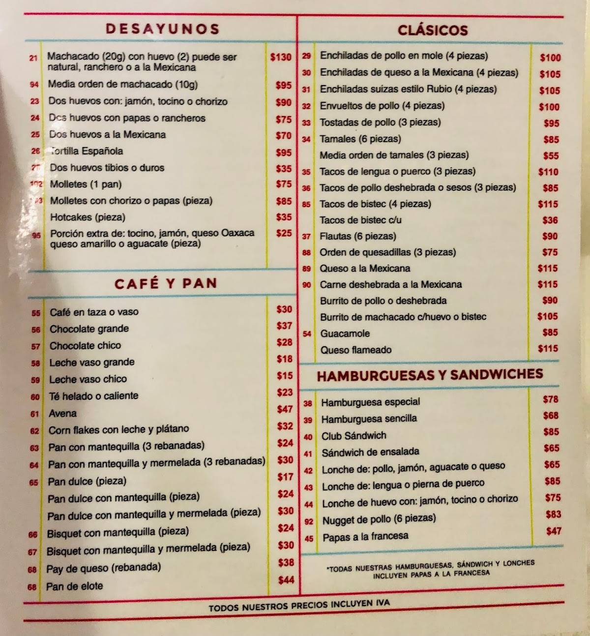 Carta de Restaurante Rubio, Monterrey