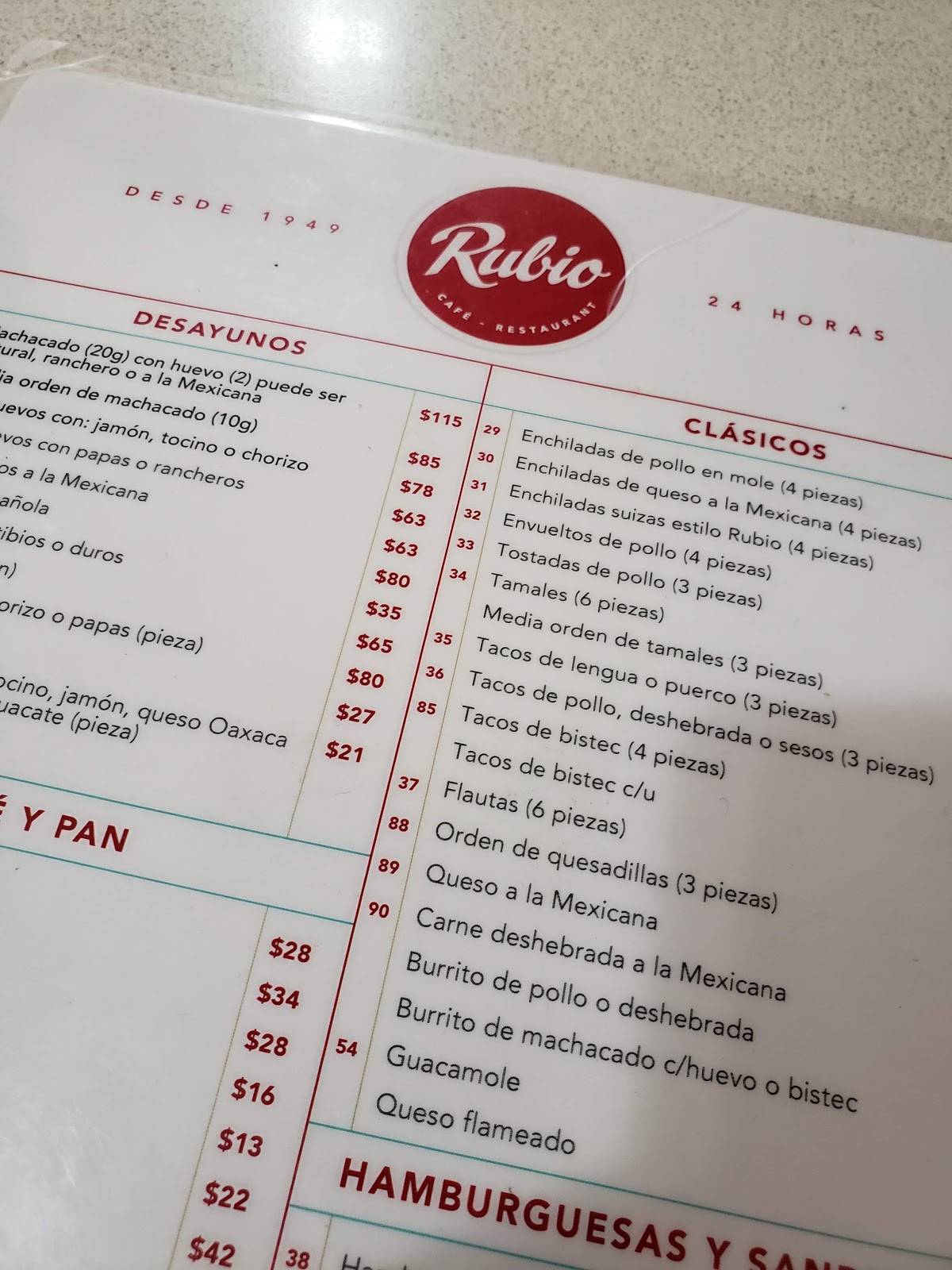 Carta de Restaurante Rubio, Monterrey