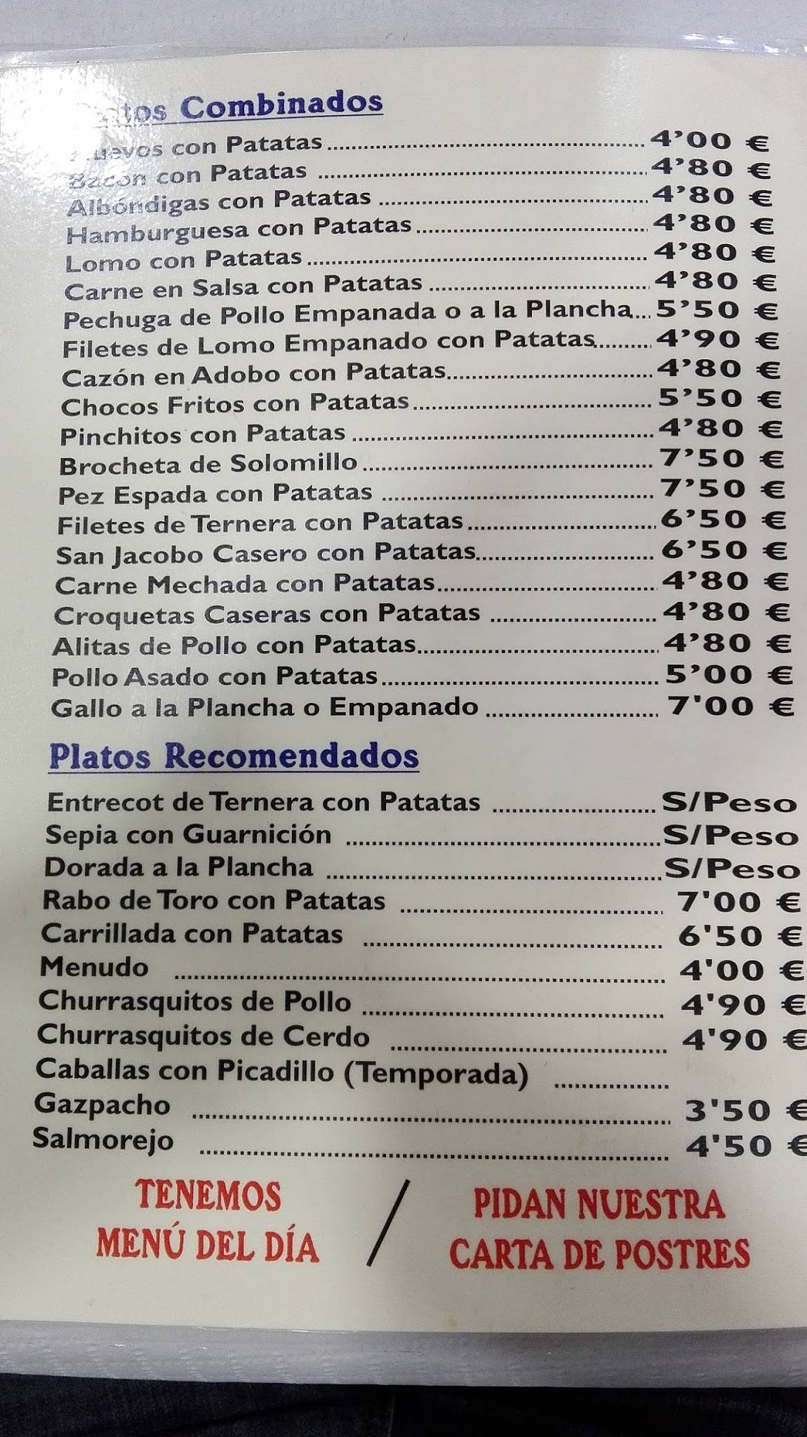 Carta del restaurante Sancho Panza, San Fernando, Plaza General ...