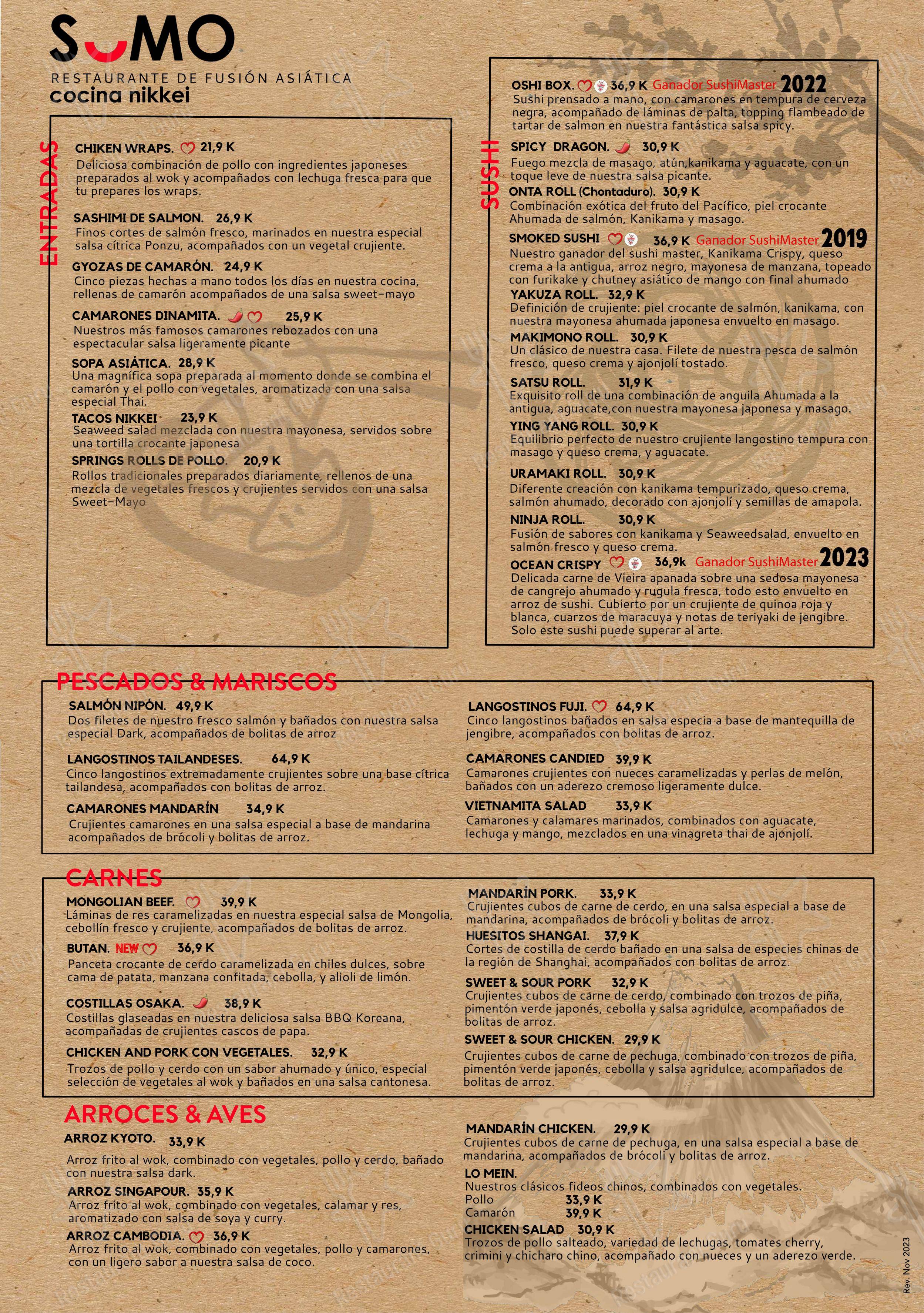 Carta de Restaurante Sumo, Pereira