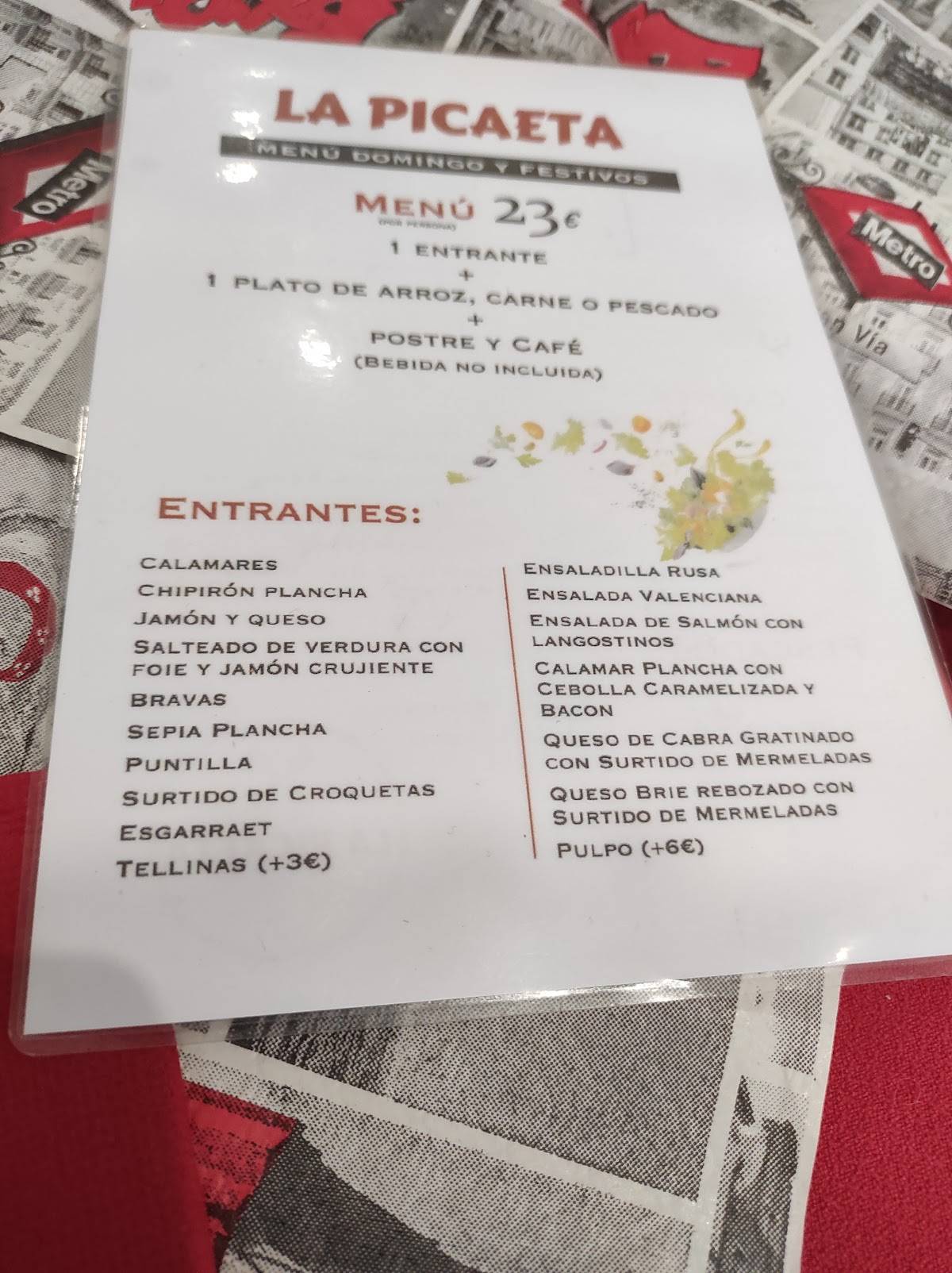 Carta de Restaurante La Picaeta, Monserrat
