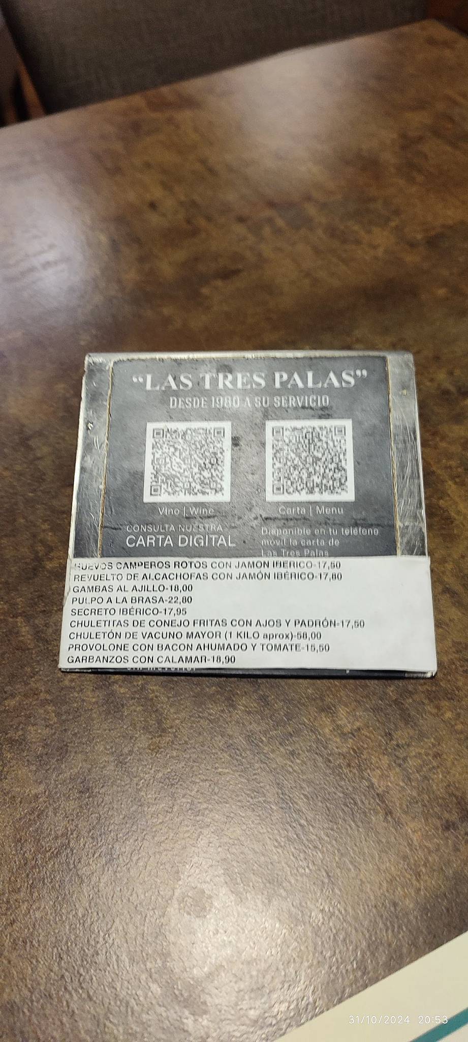 Carta de Restaurante las Tres Palas Grill, Palma de Mallorca