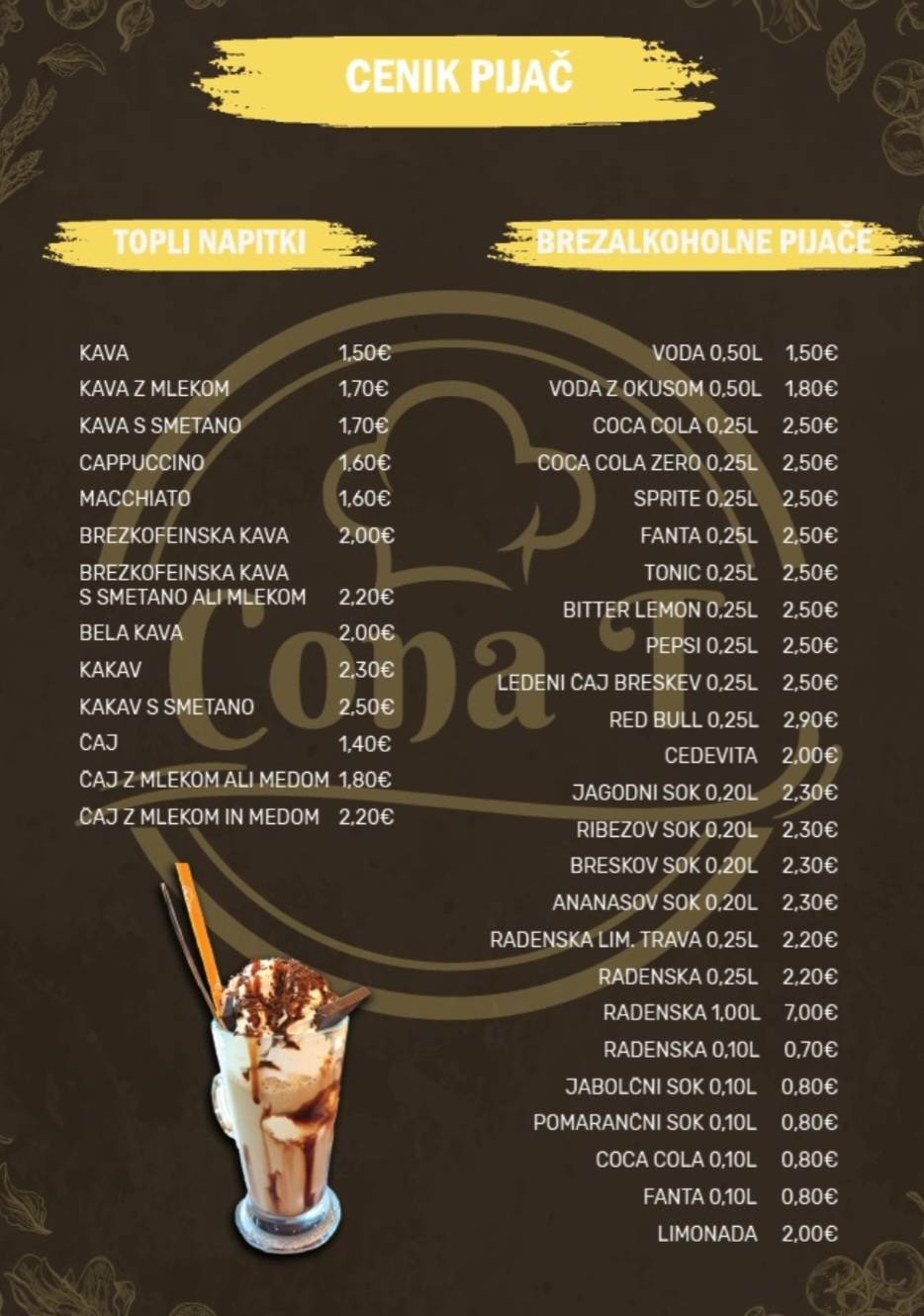 Menu at Restavracija CONA restaurant, Trzin