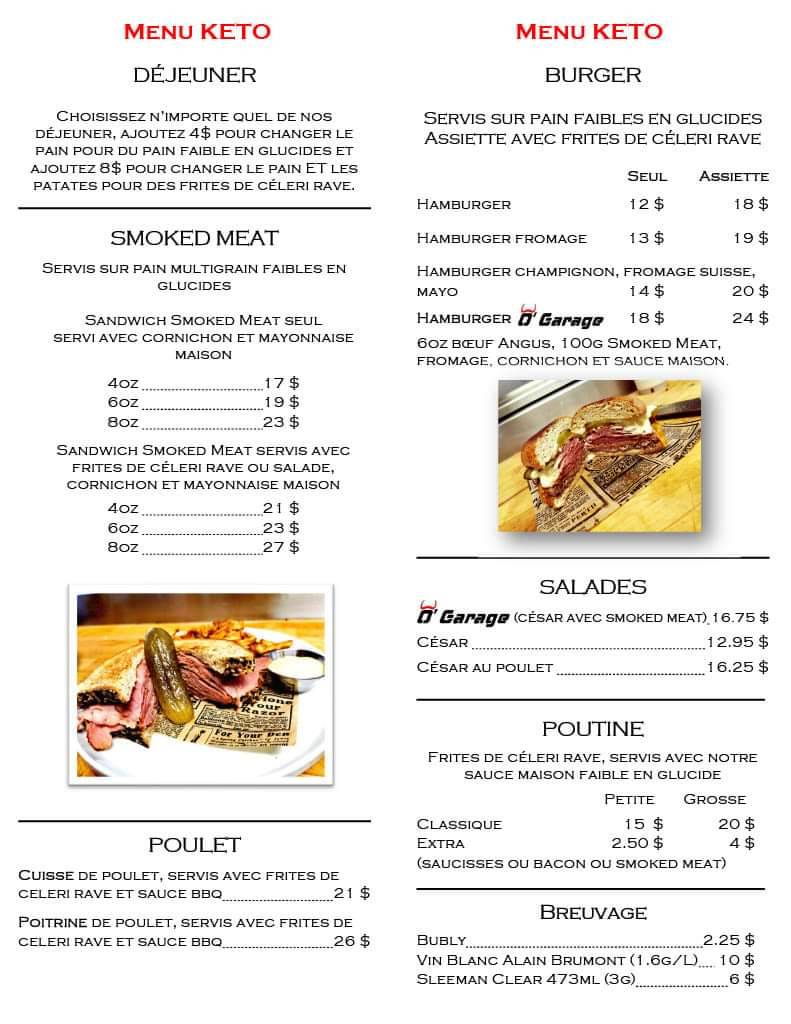Menu au Resto O' Garage, Smoked Meat & Cie restaurant, Québec