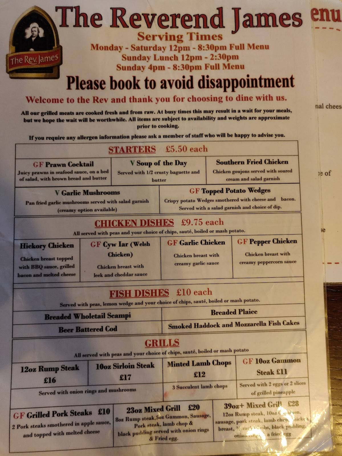 Menu at Reverend James pub & bar, Bynea
