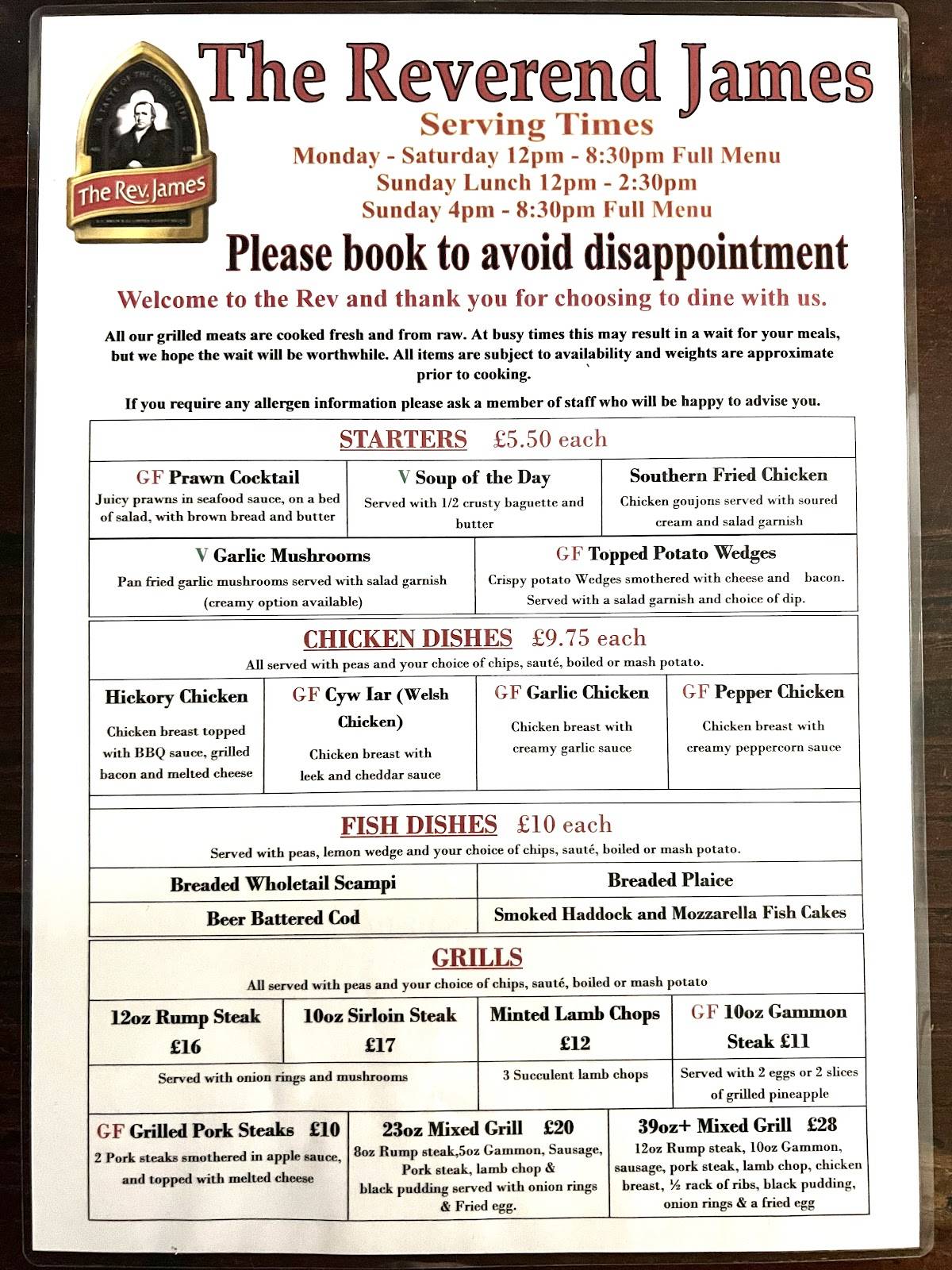Menu at Reverend James pub & bar, Bynea