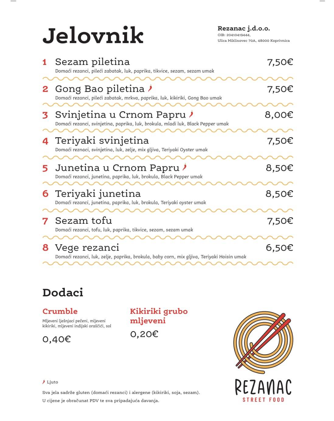Menu at Rezanac restaurant, Koprivnica