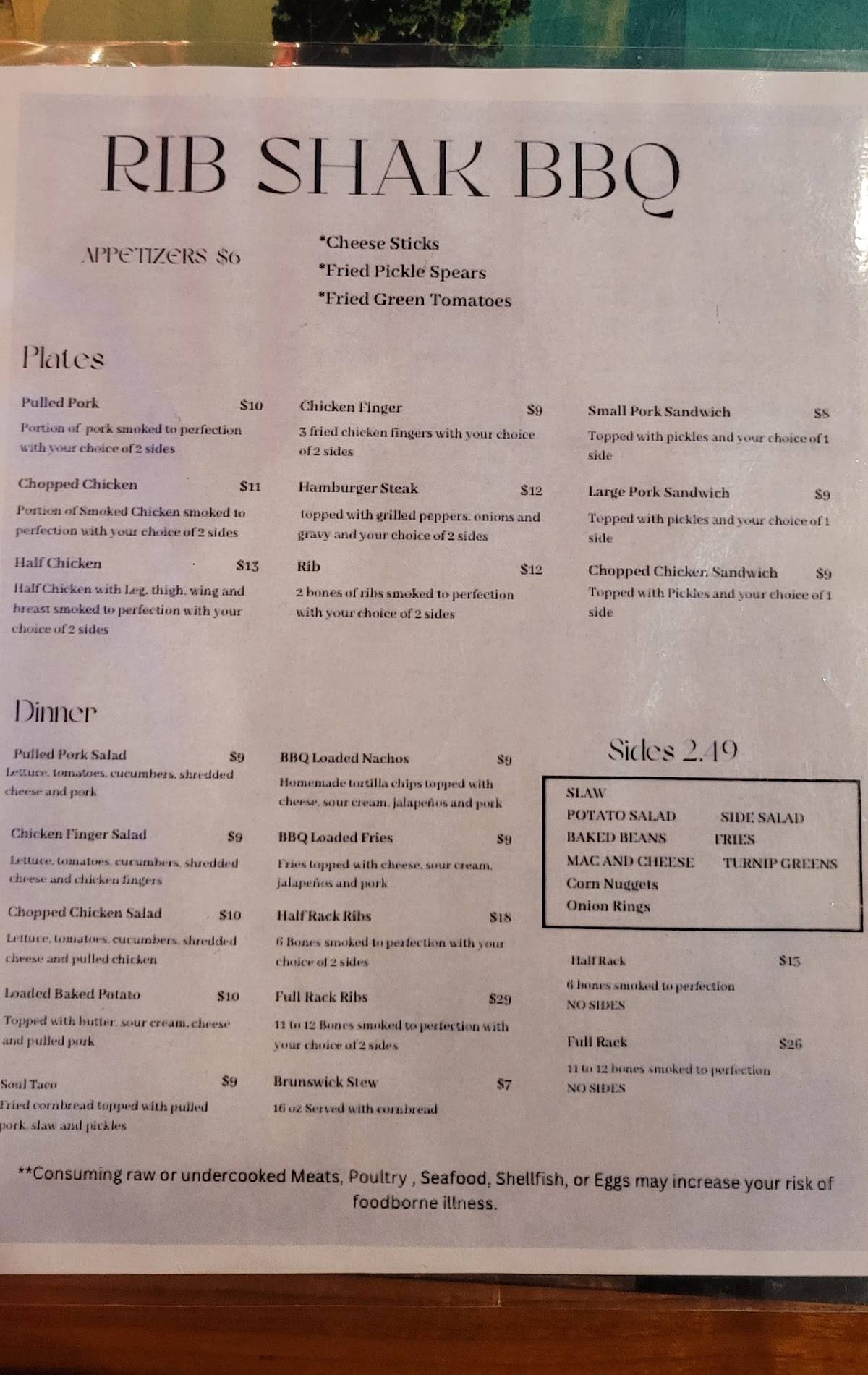 Menu at Rib Shak restaurant, Fort Payne, 110 Gault Ave N