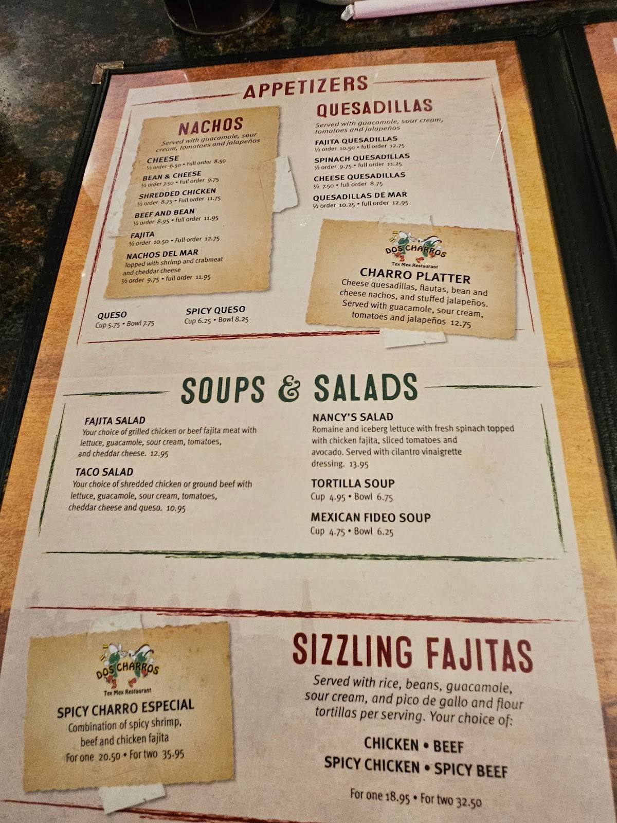 Menu at DOS Charros Restaurant, Richardson