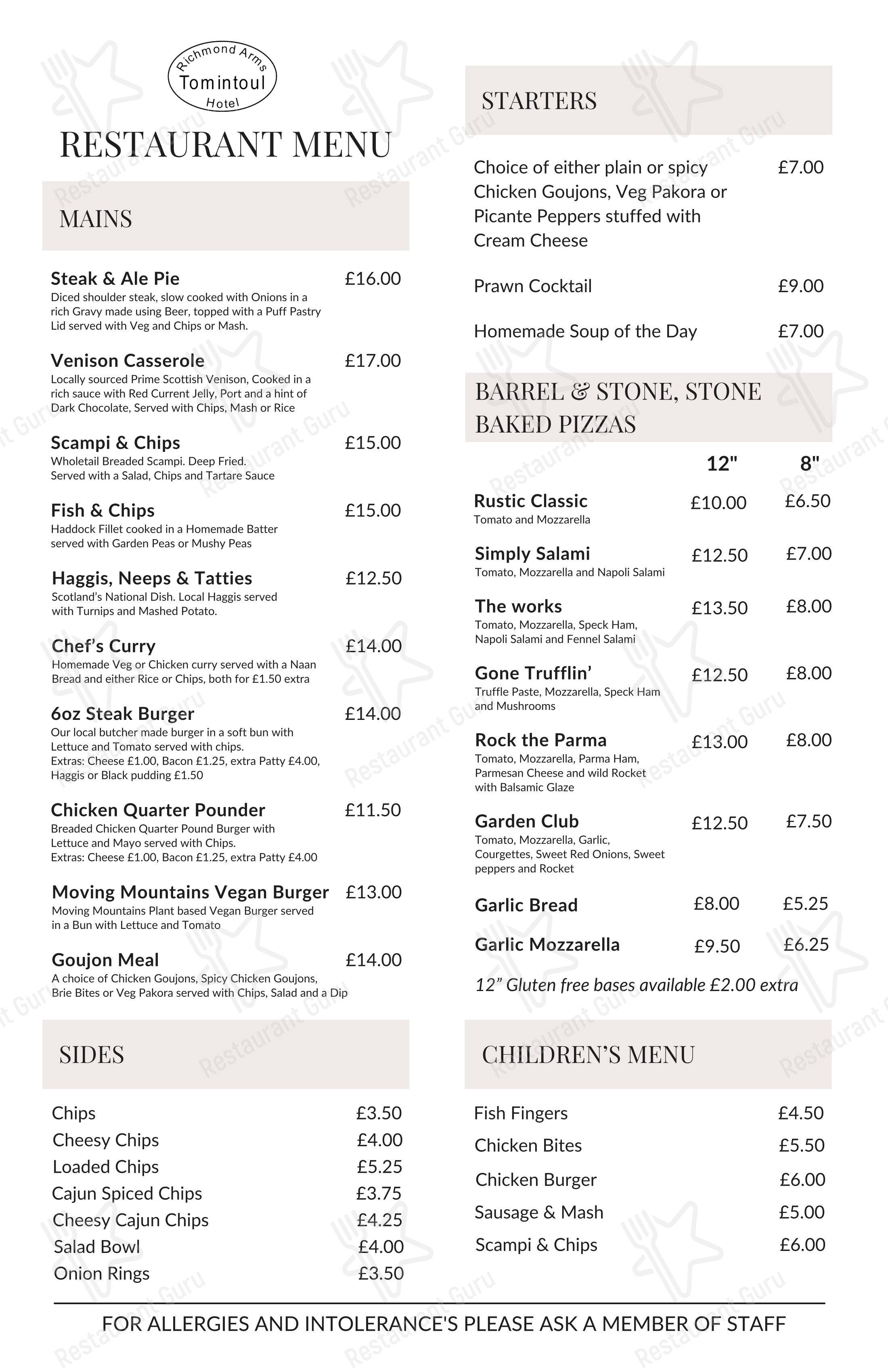 Menu at Richmond Arms Hotel pub & bar, Tomintoul