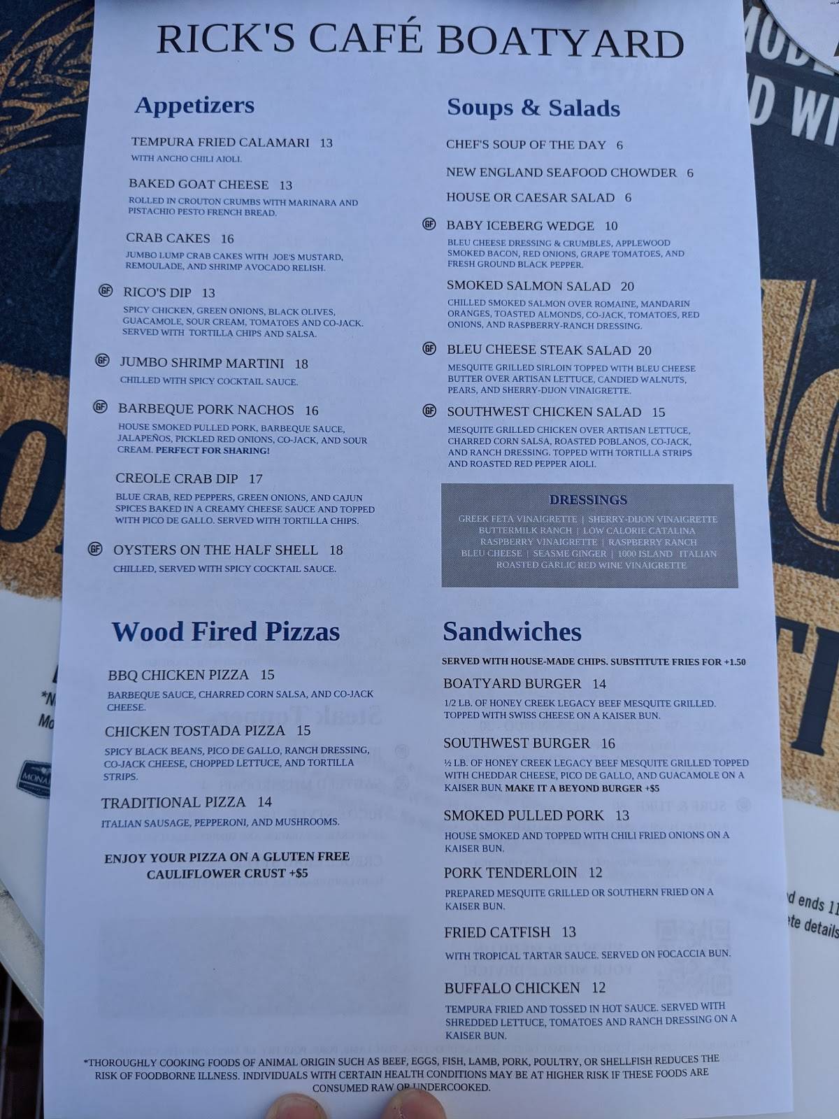 Menu at Rick's Café Boatyard pub & bar, Indianapolis