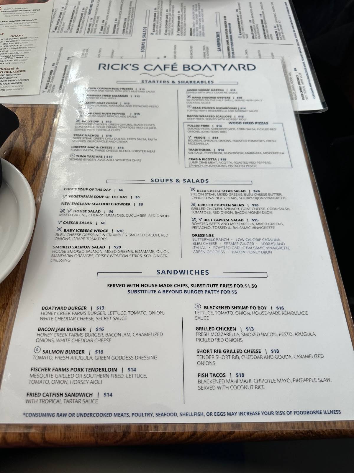 Menu at Rick's Café Boatyard pub & bar, Indianapolis