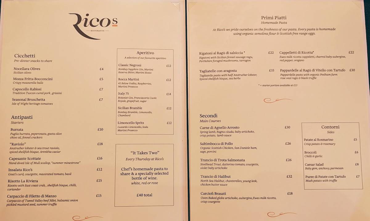 Menu at Rico's restaurant, Edinburgh