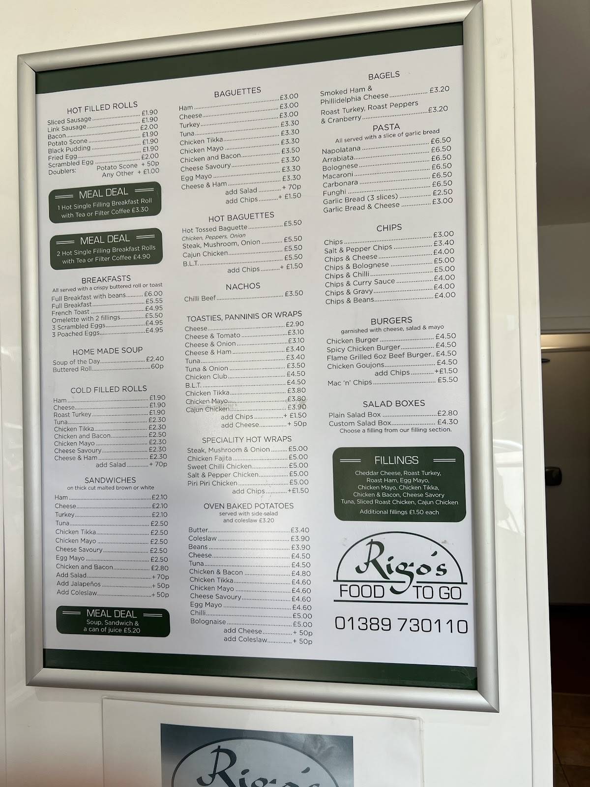 Menu at Rigo's Bistro cafe, Dumbarton