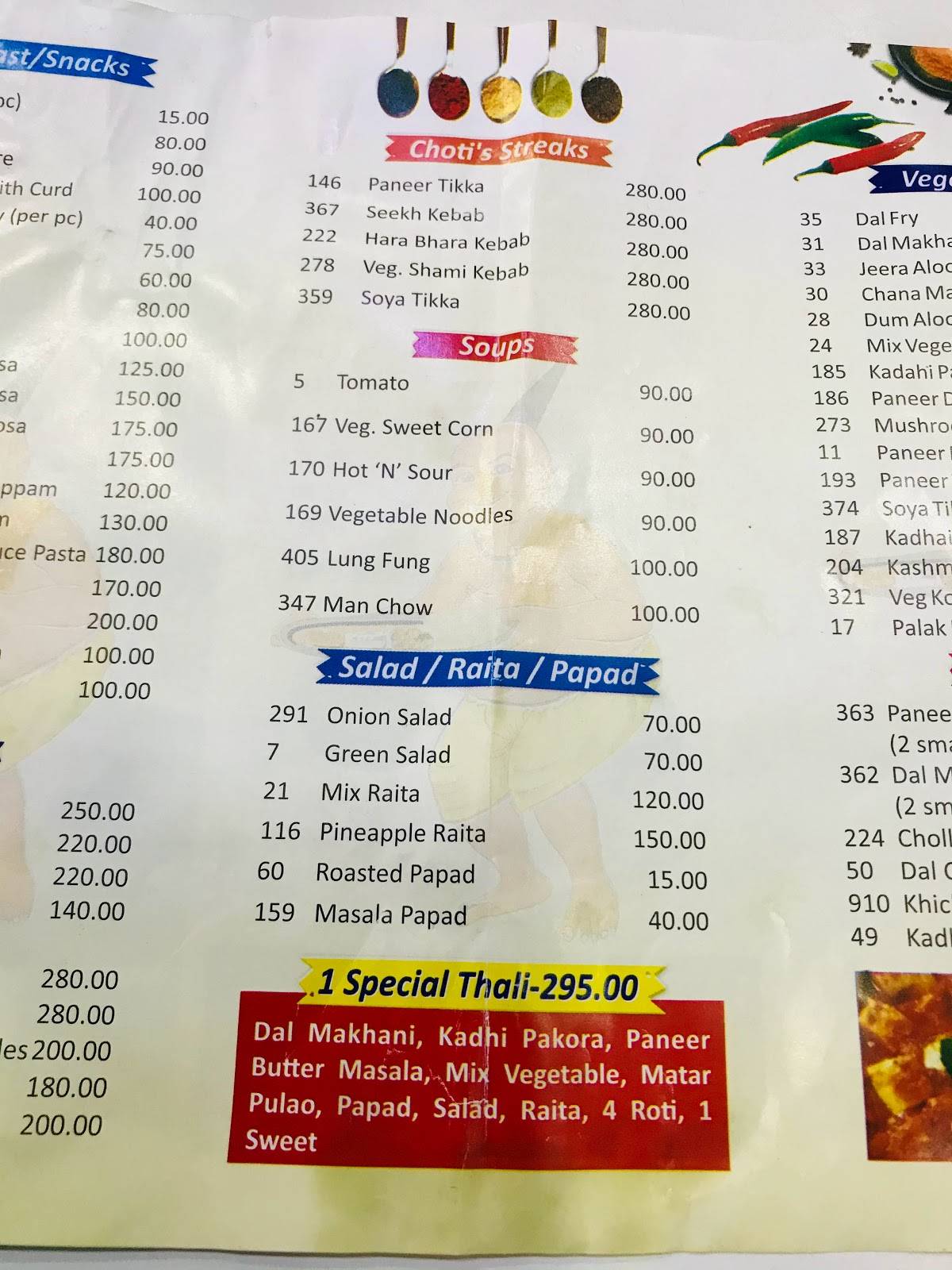 Menu at Chotiwala, Rishikesh, Swarg Ashram