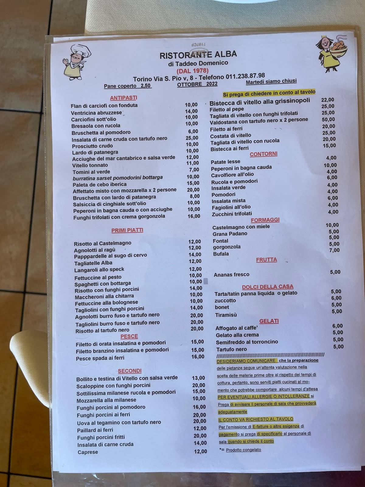 Menu da Ristorante Alba, Torino
