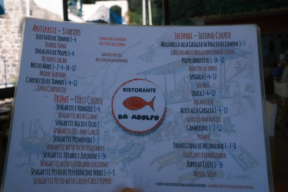 Menu at Ristorante Da Adolfo, Positano, Via Laurito