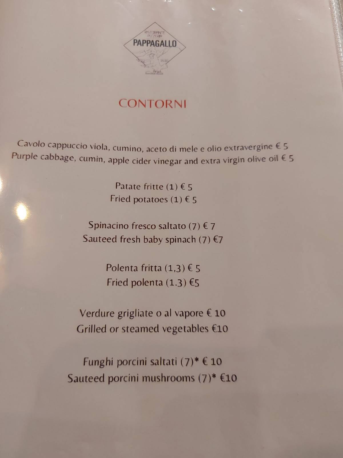 Carta de Ristorante Pizzeria al Pappagallo, Madonna di Campiglio
