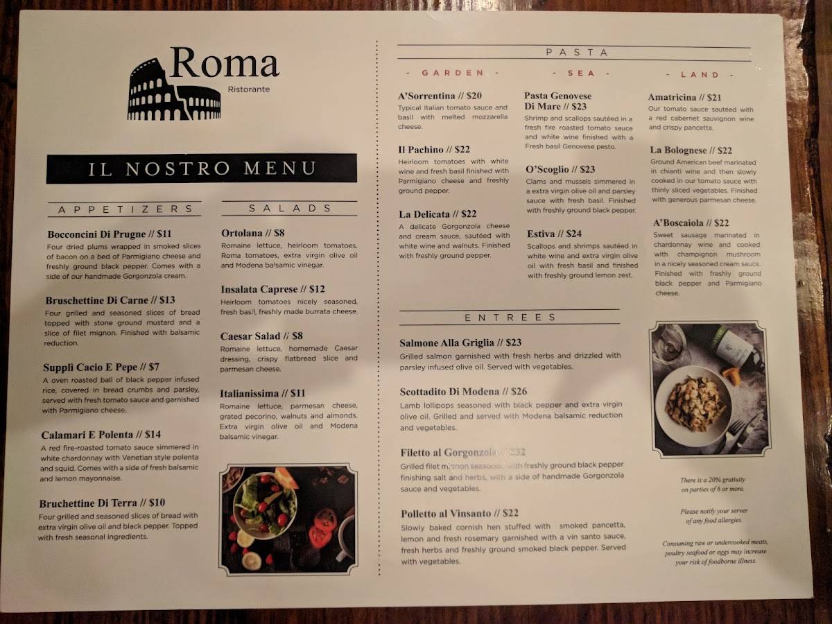 Menu at Ristorante Roma restaurant, Carmel