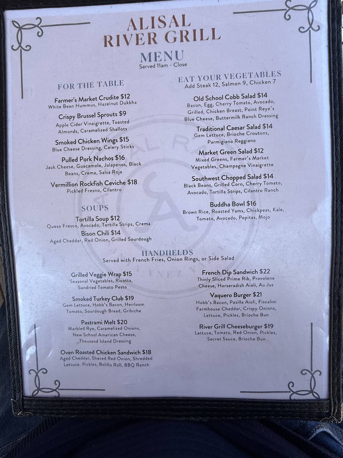 Menu at River Grill At the Alisal restaurant, Solvang
