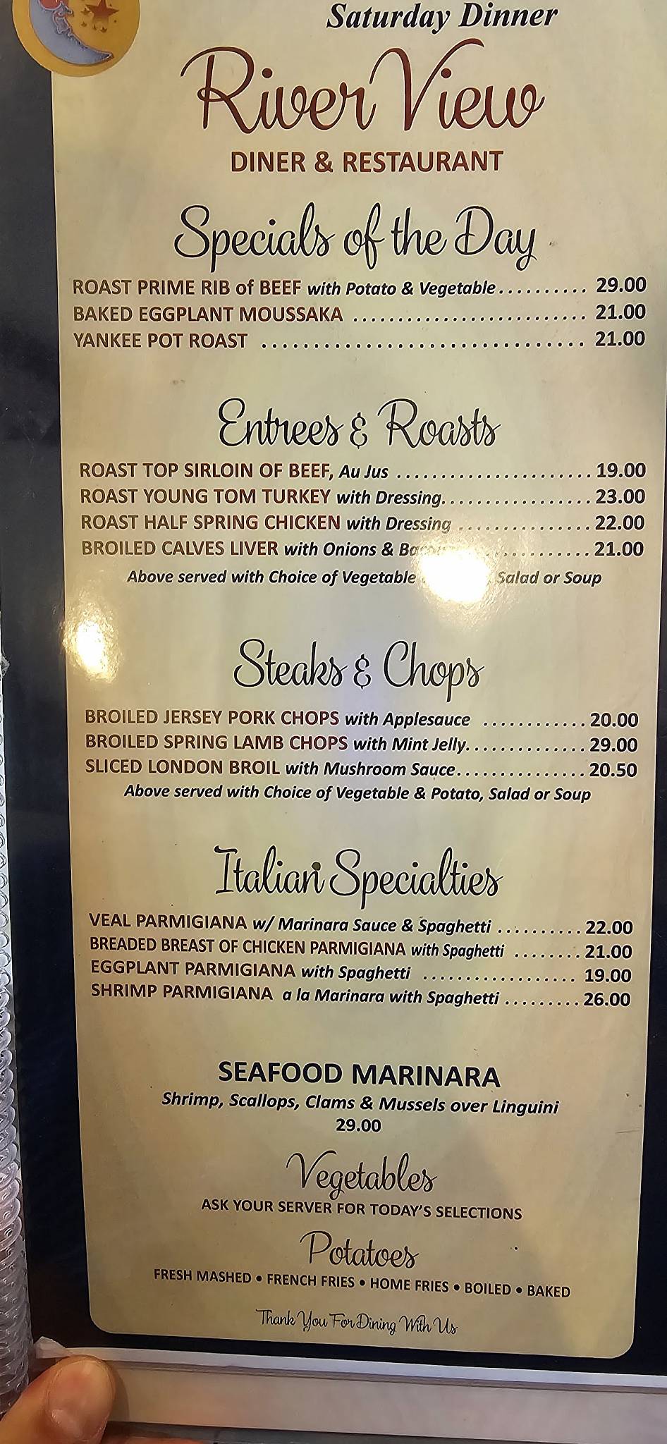 Menu at River View Diner restaurant, North Bergen