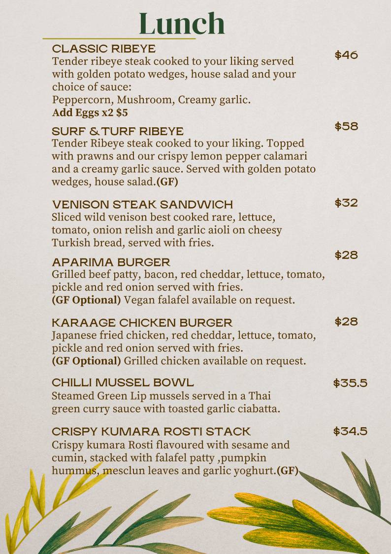 Menu at Aparima Restaurant and Bar, Riverton