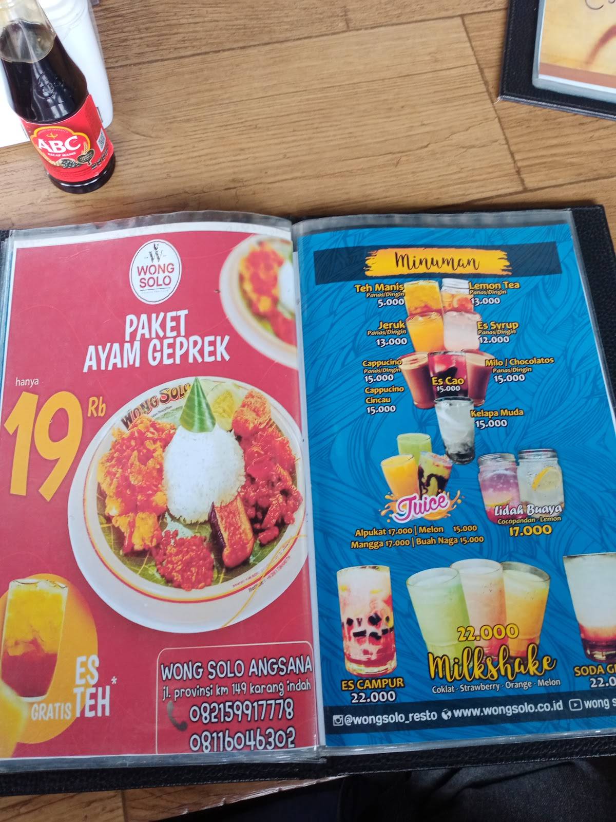 Menu at Rm Ayam Bakar Wongsolo restaurant, Indonesia