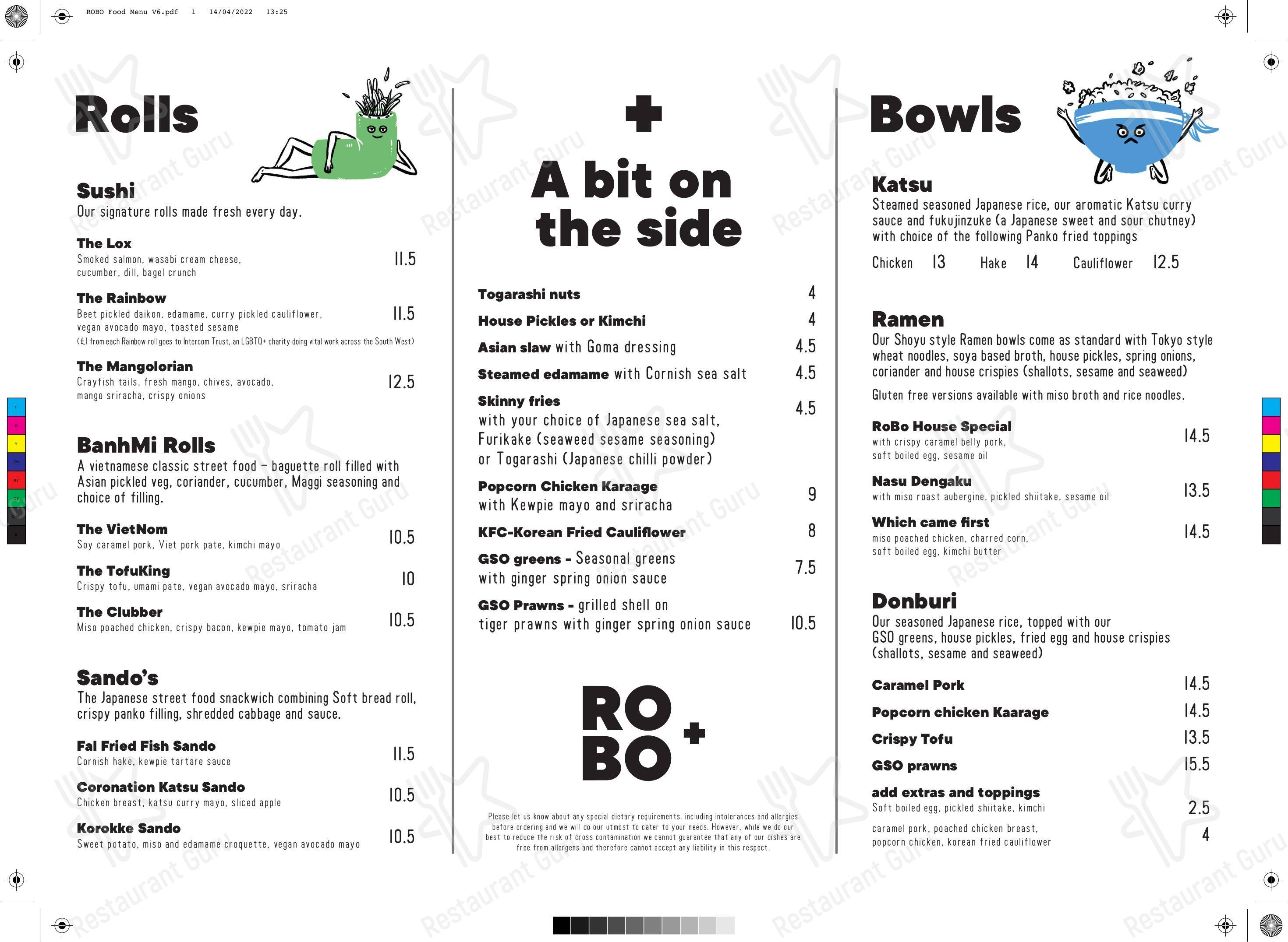 Carta de RoBo Asian Bar and Canteen, Falmouth