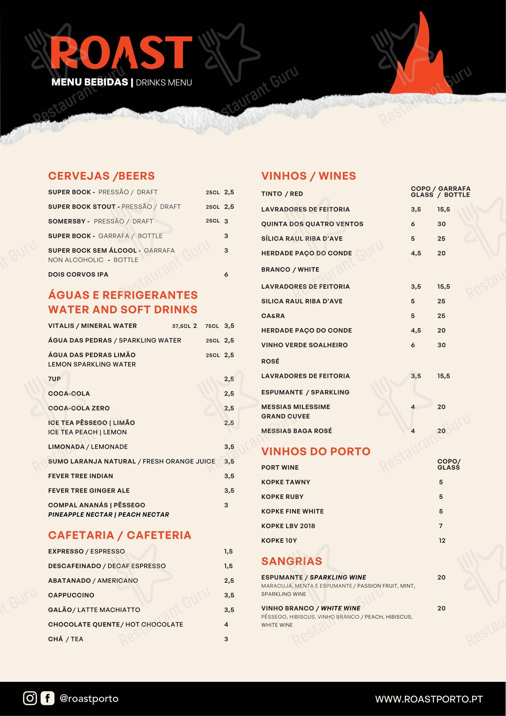 Menu em Roast restaurante, Porto