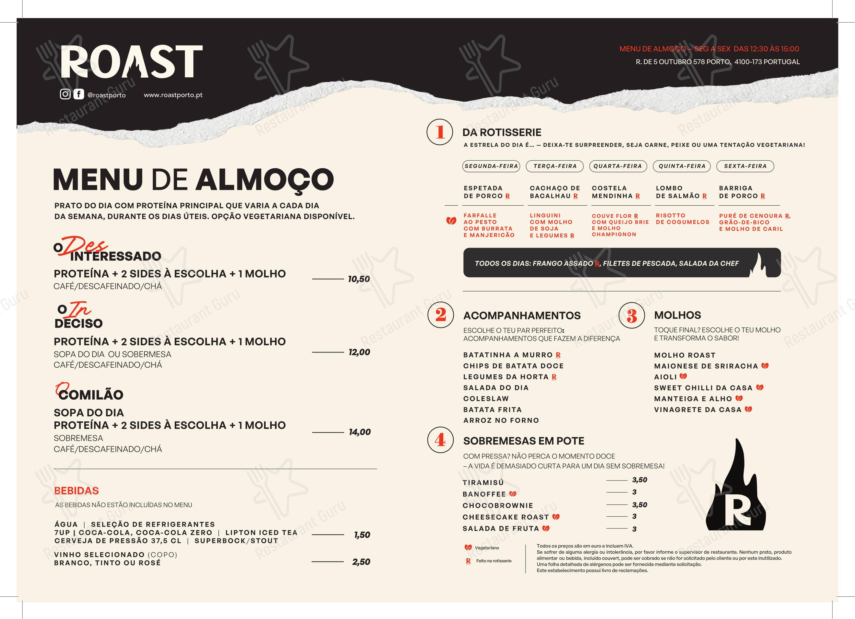 Menu em Roast restaurante, Porto