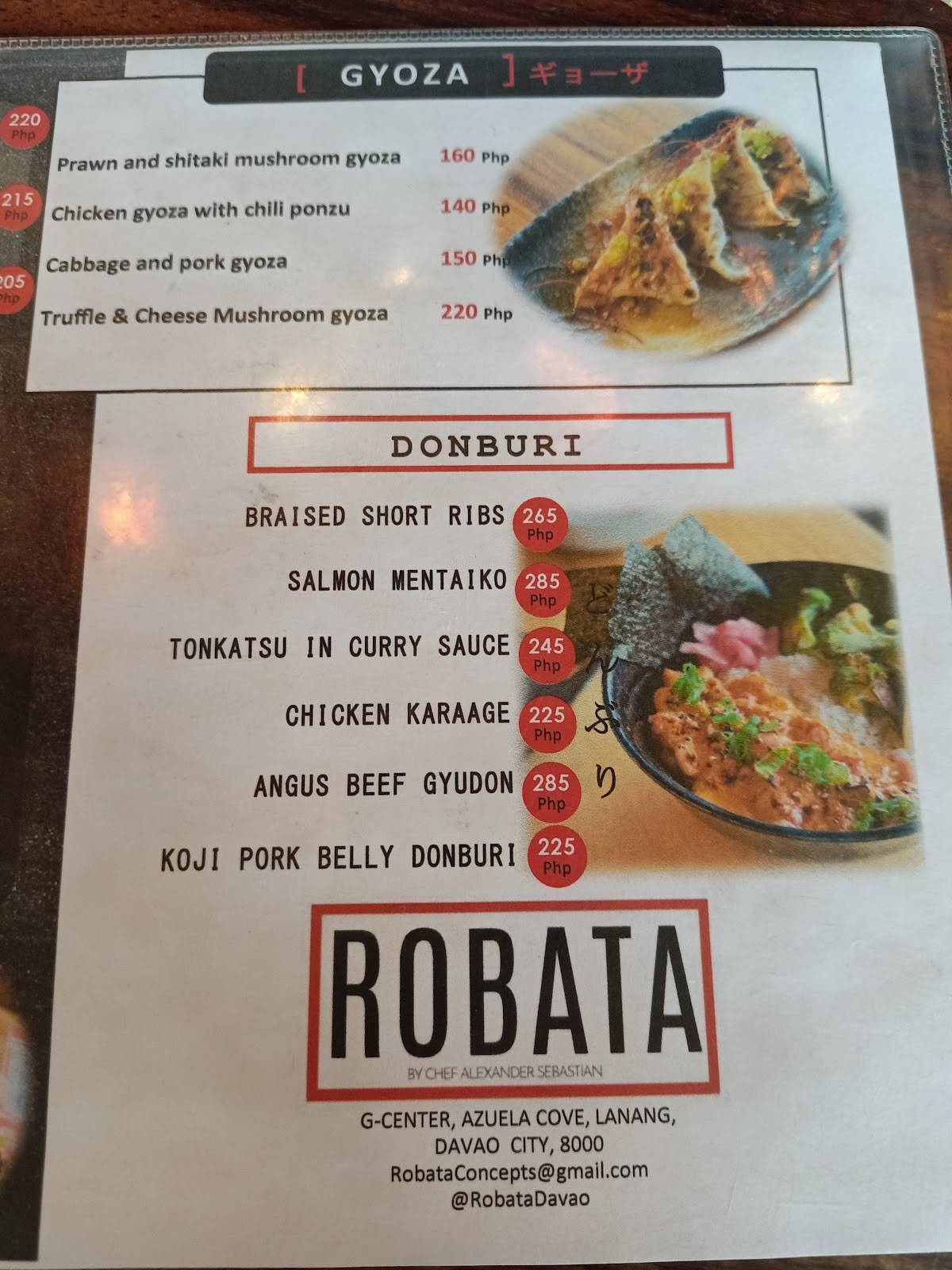 Menu at Robata Davao restaurant, Davao City