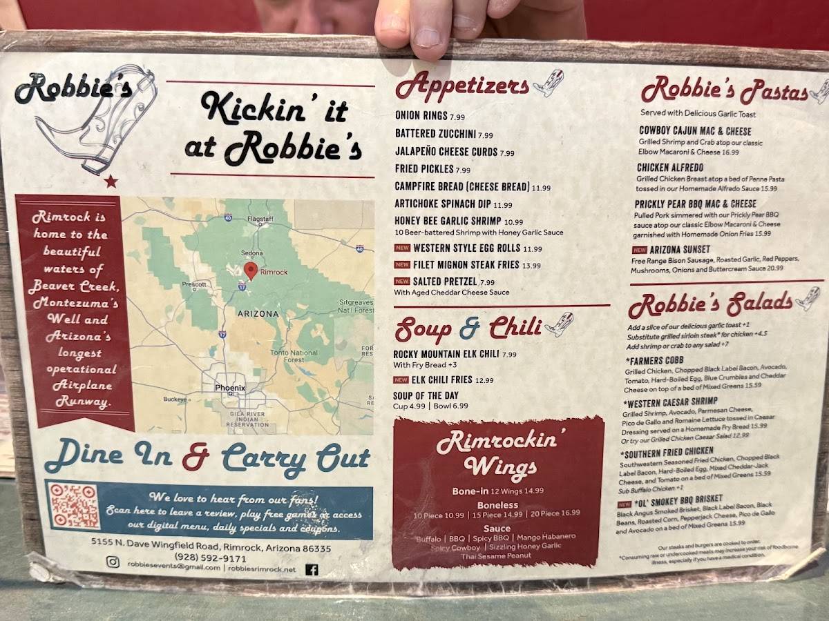 Menu at Robbie's pizzeria, Lake Montezuma