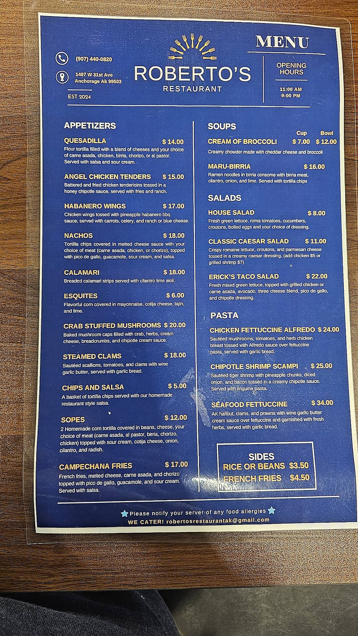 Menu at Roberto's Restaurant, Anchorage