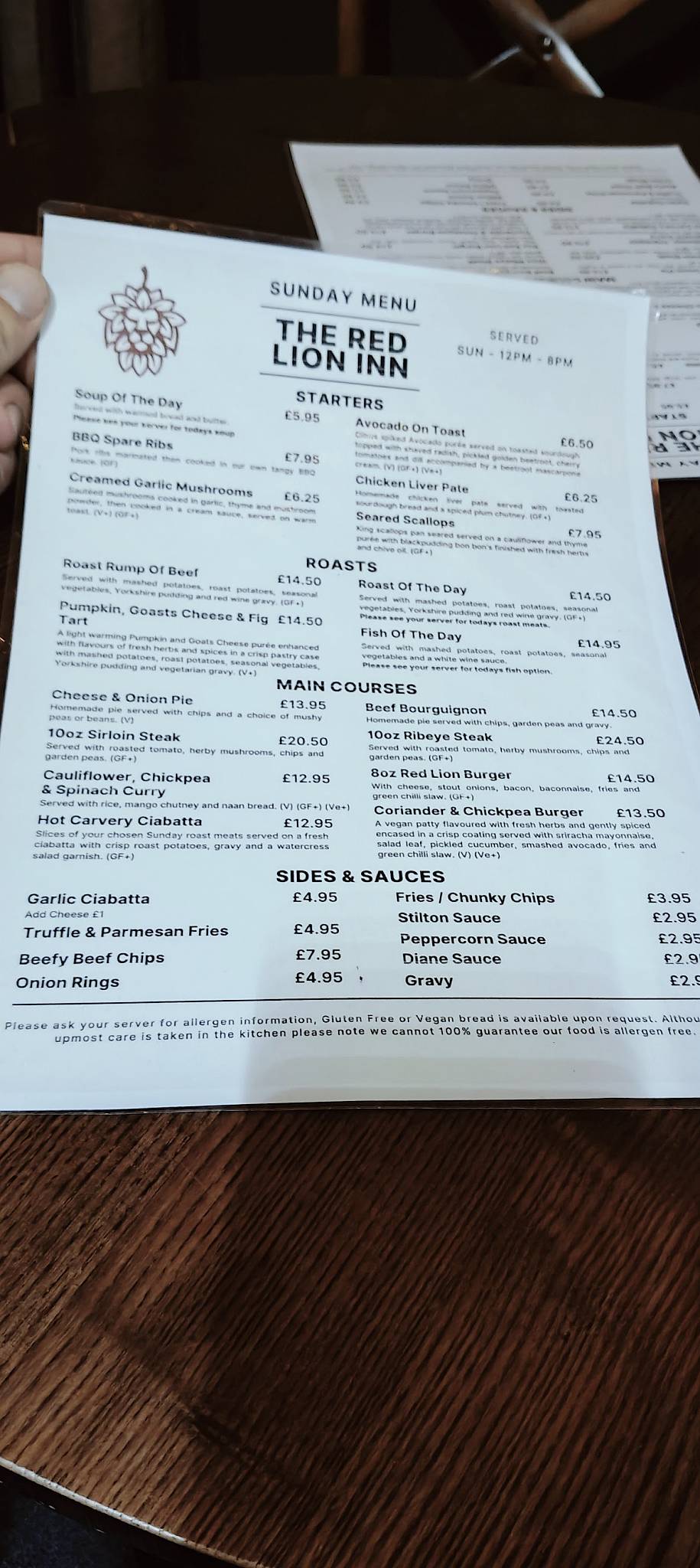 Menu at The Red Lion Inn pub & bar, Rochdale, Whitworth Square