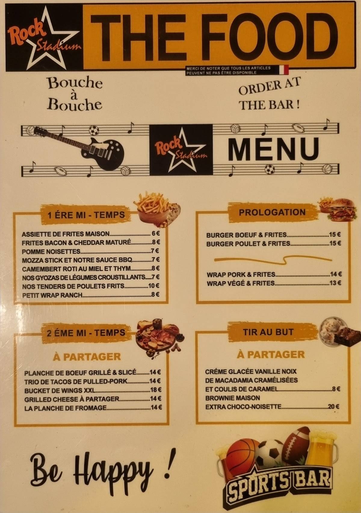 Menu au Rock Stadium restaurant, Paris