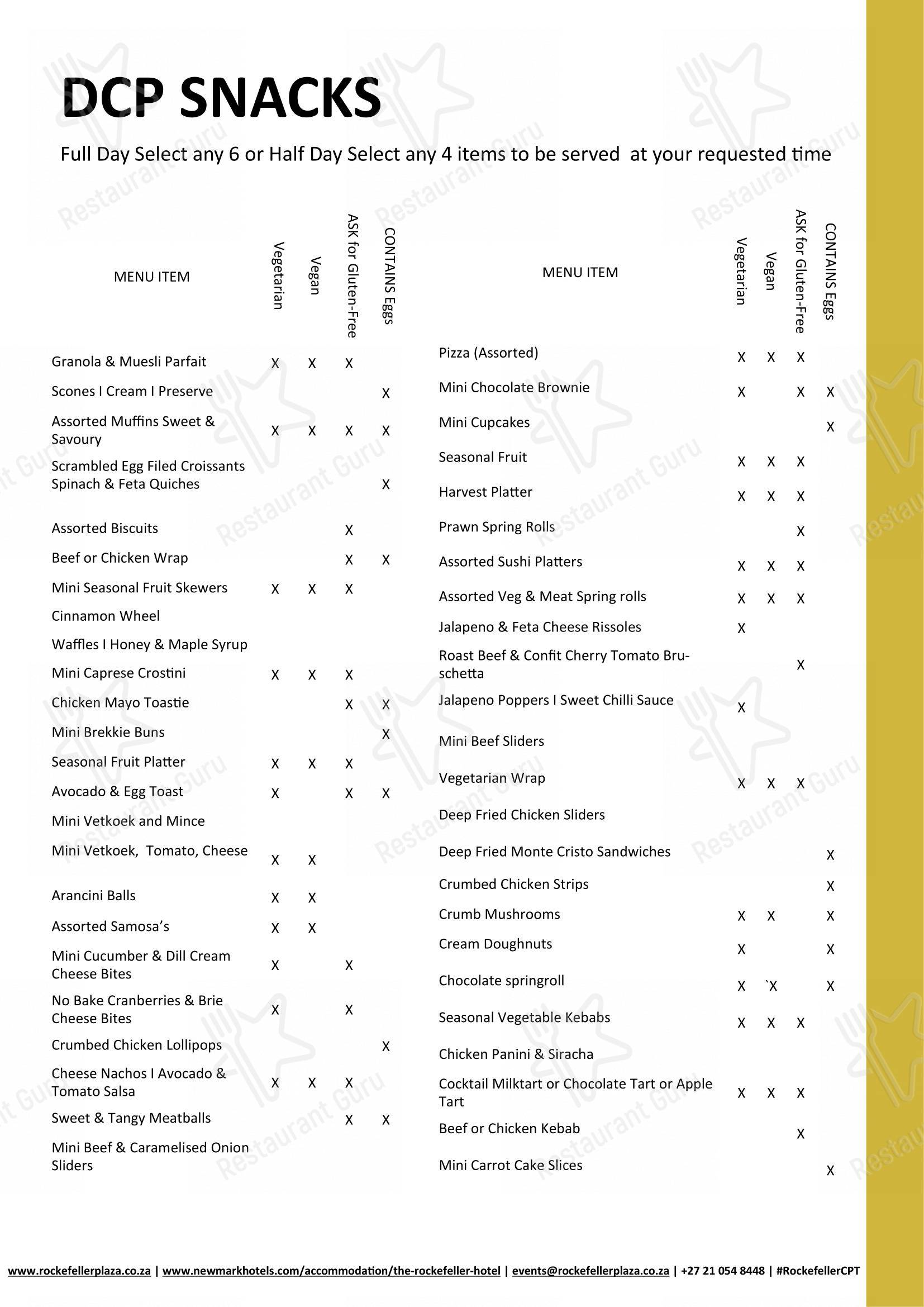 Menu at Rockefeller Hotel & Residence cafe, Cape Town