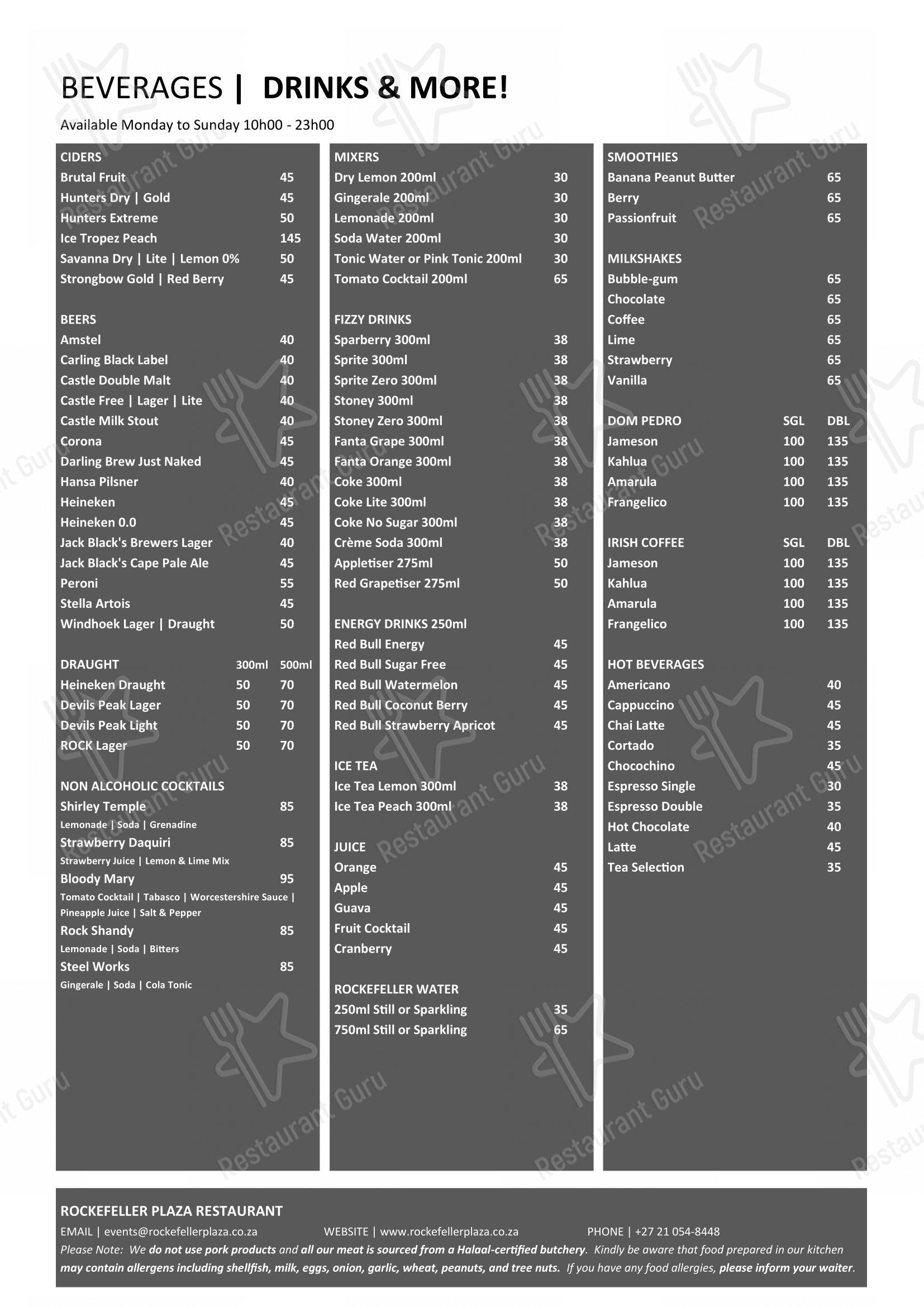 Menu at Rockefeller Hotel & Residence cafe, Cape Town