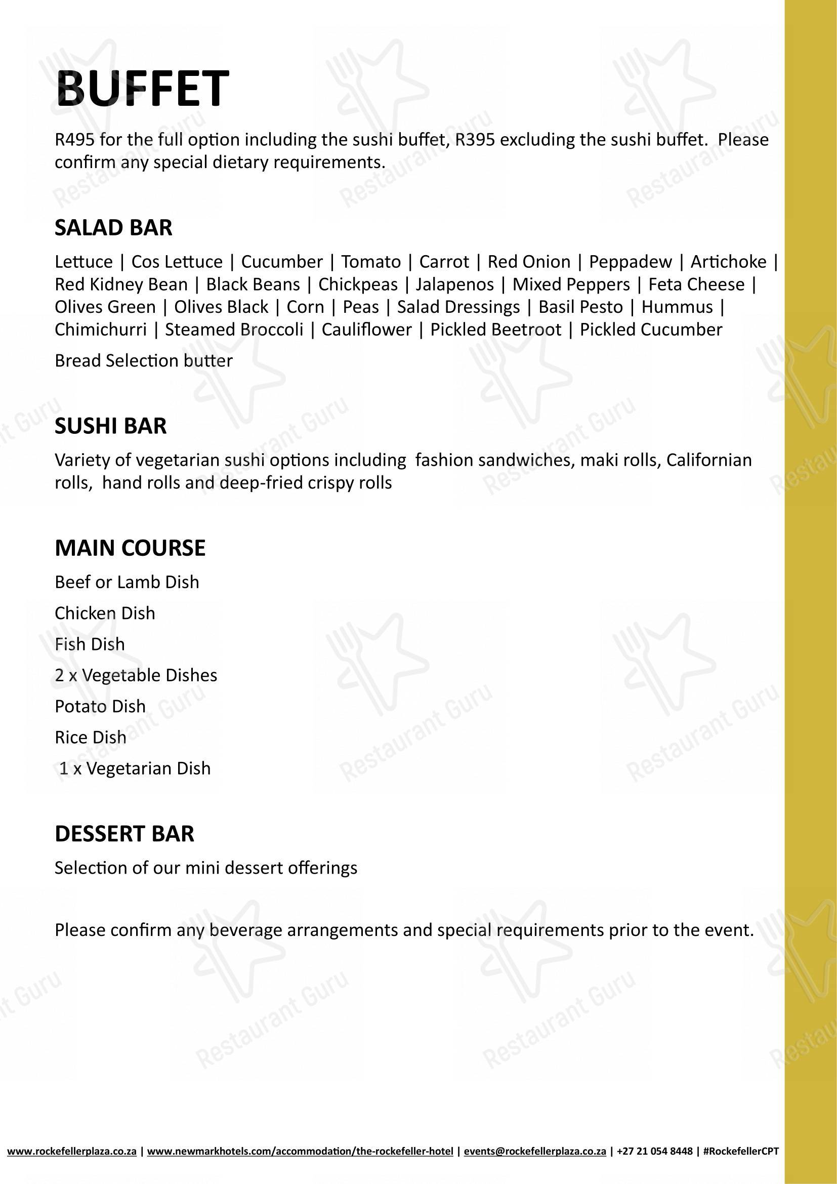 Menu at Rockefeller Hotel & Residence cafe, Cape Town