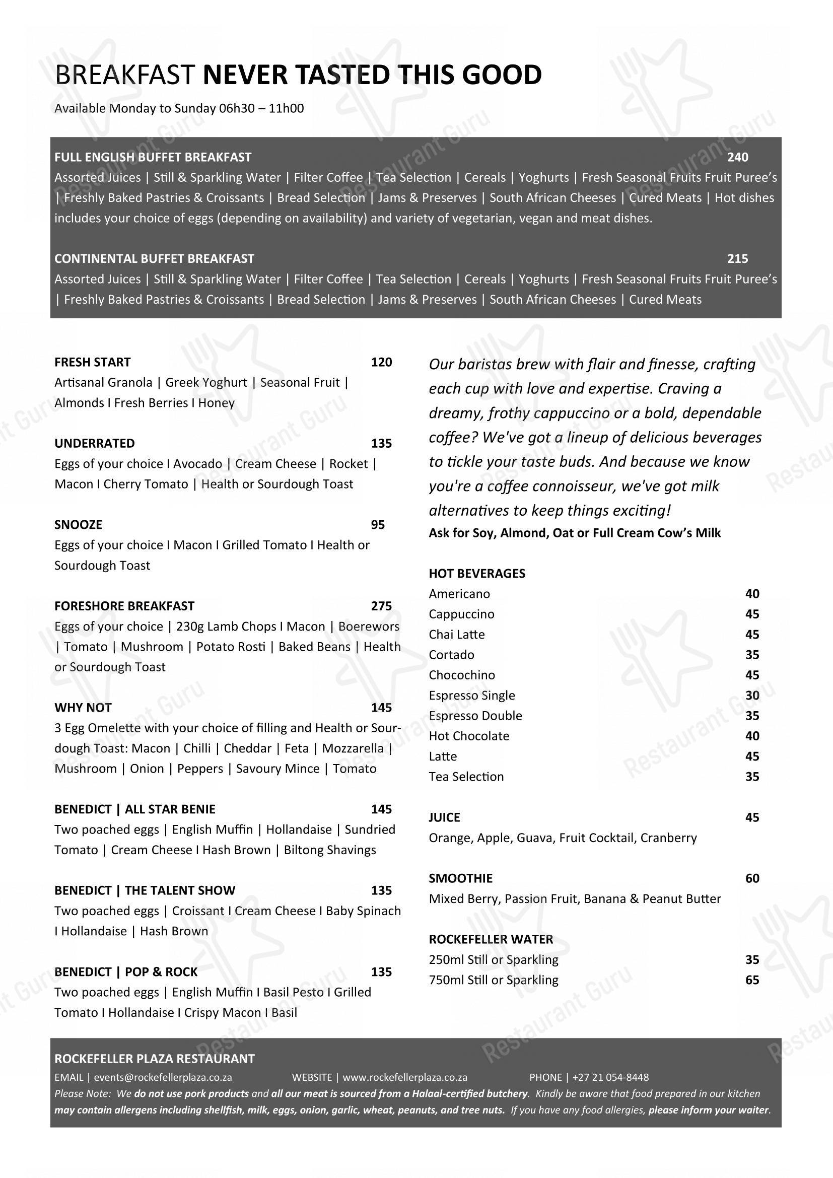 Menu at Rockefeller Hotel & Residence cafe, Cape Town