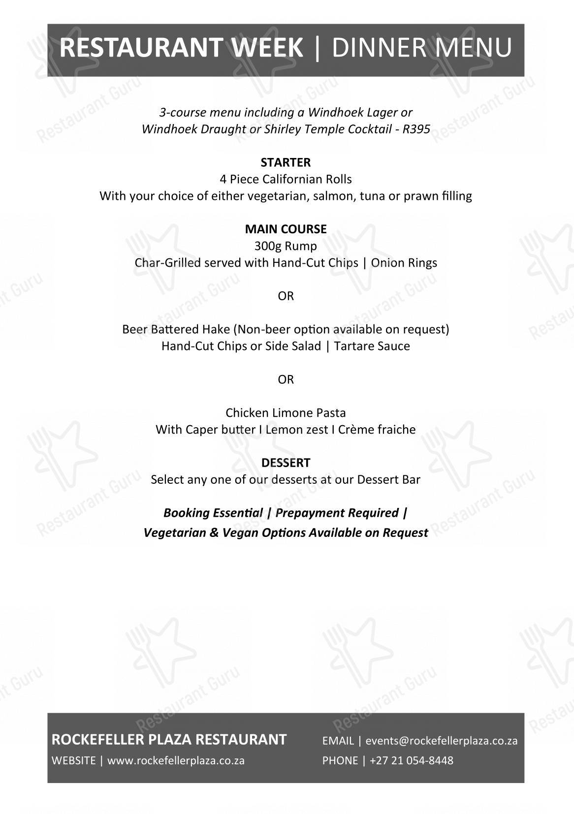 Menu at Rockefeller Hotel & Residence cafe, Cape Town