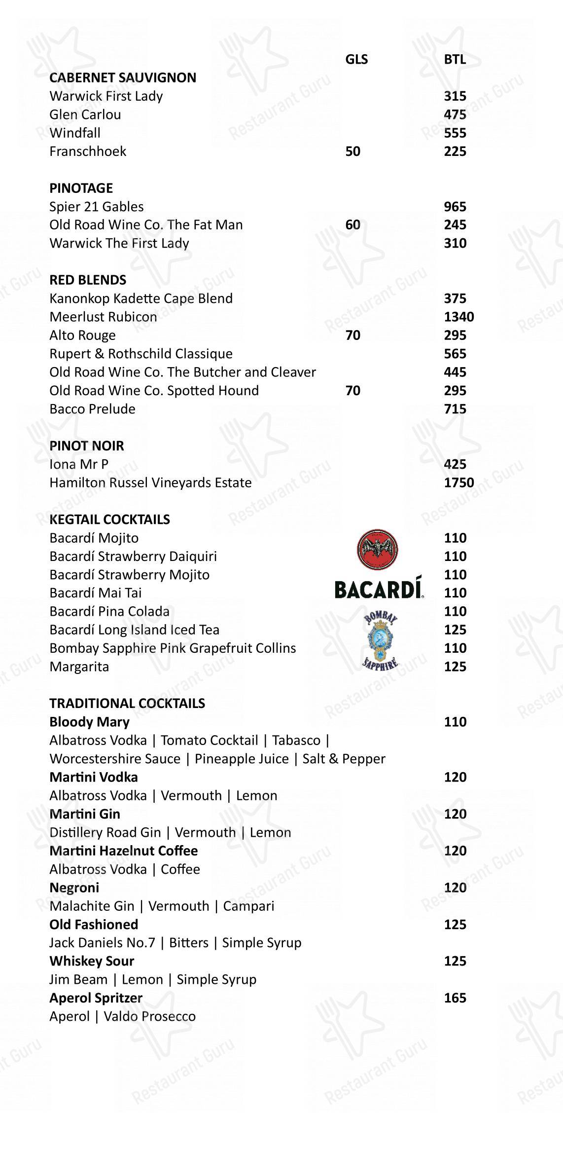 Menu at Rockefeller Hotel & Residence cafe, Cape Town