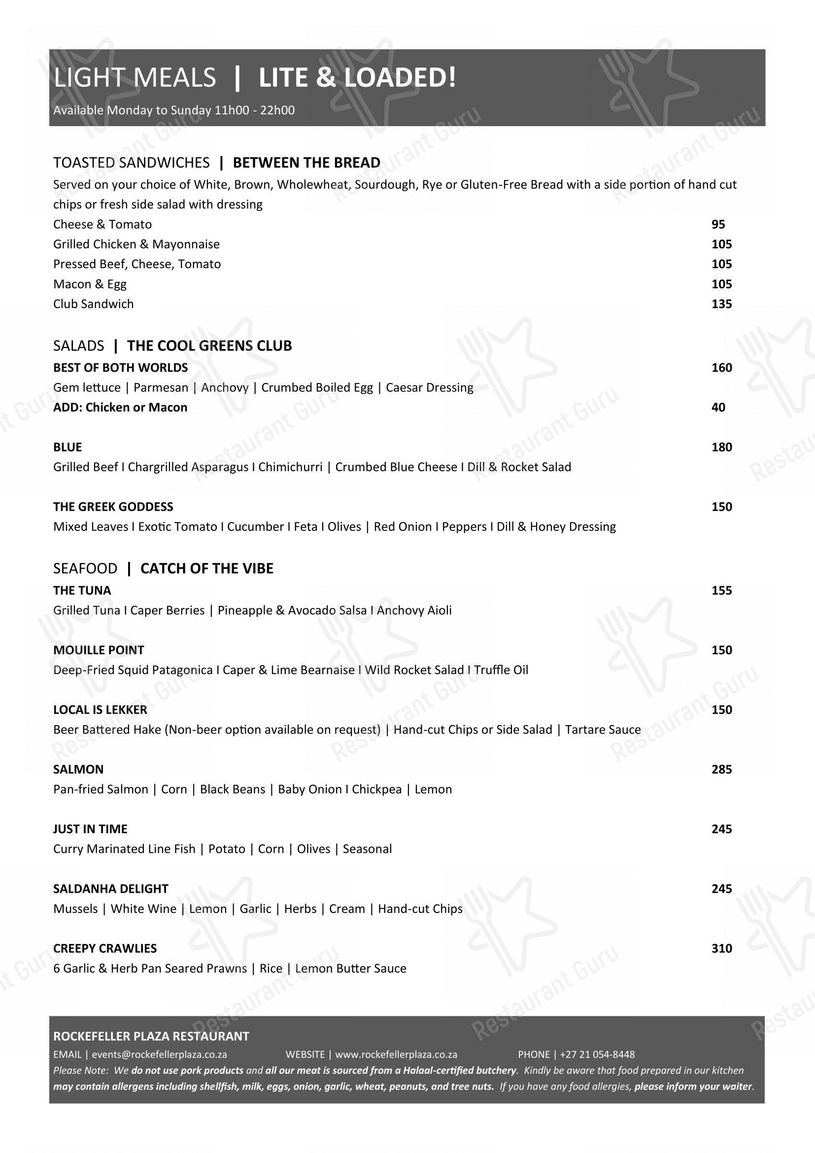 Menu at Rockefeller Hotel & Residence cafe, Cape Town