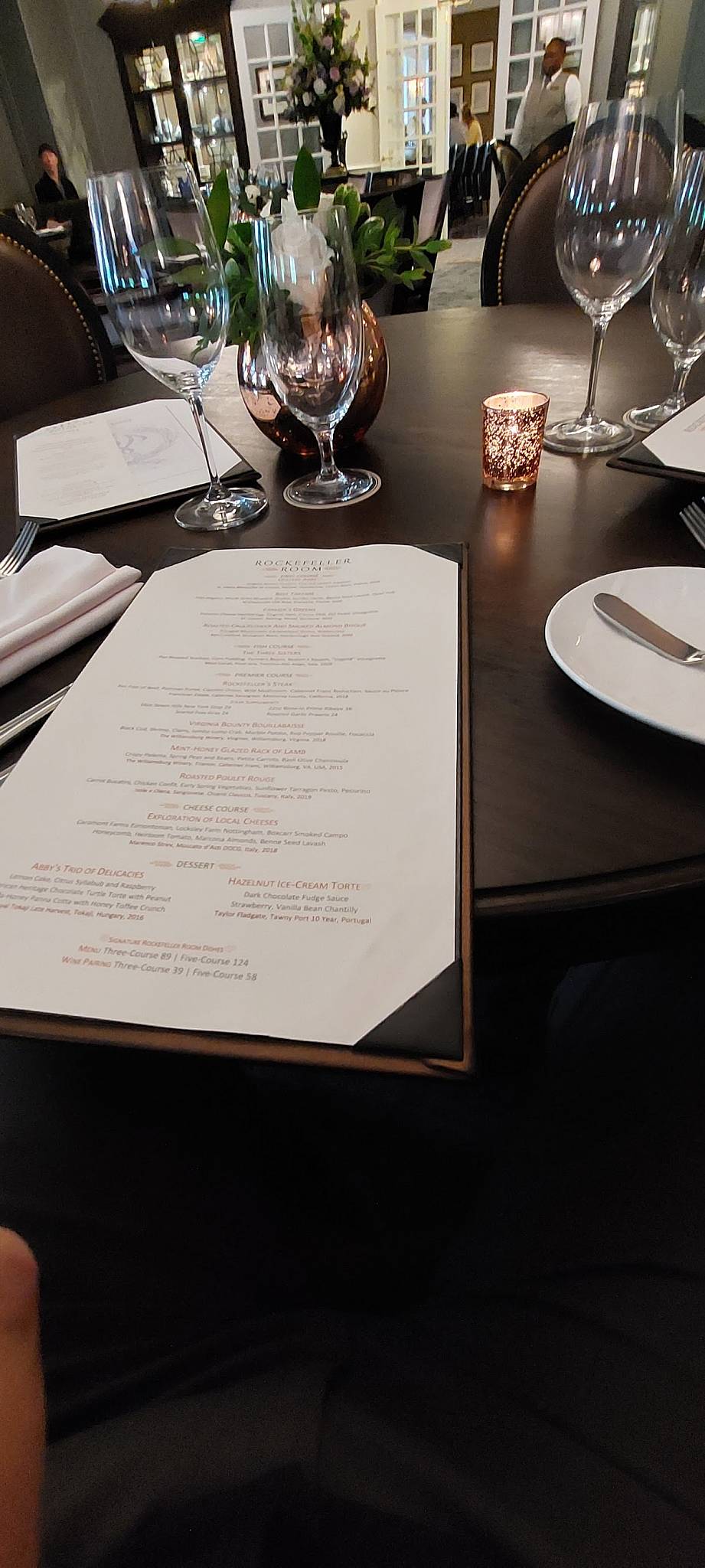 Menu at Rockefeller Room restaurant, Williamsburg