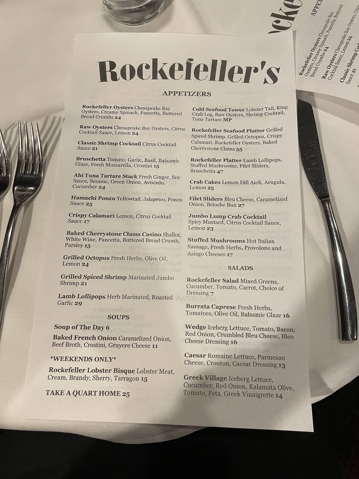 Menu at Rockefeller's steakhouse, Oak Lawn