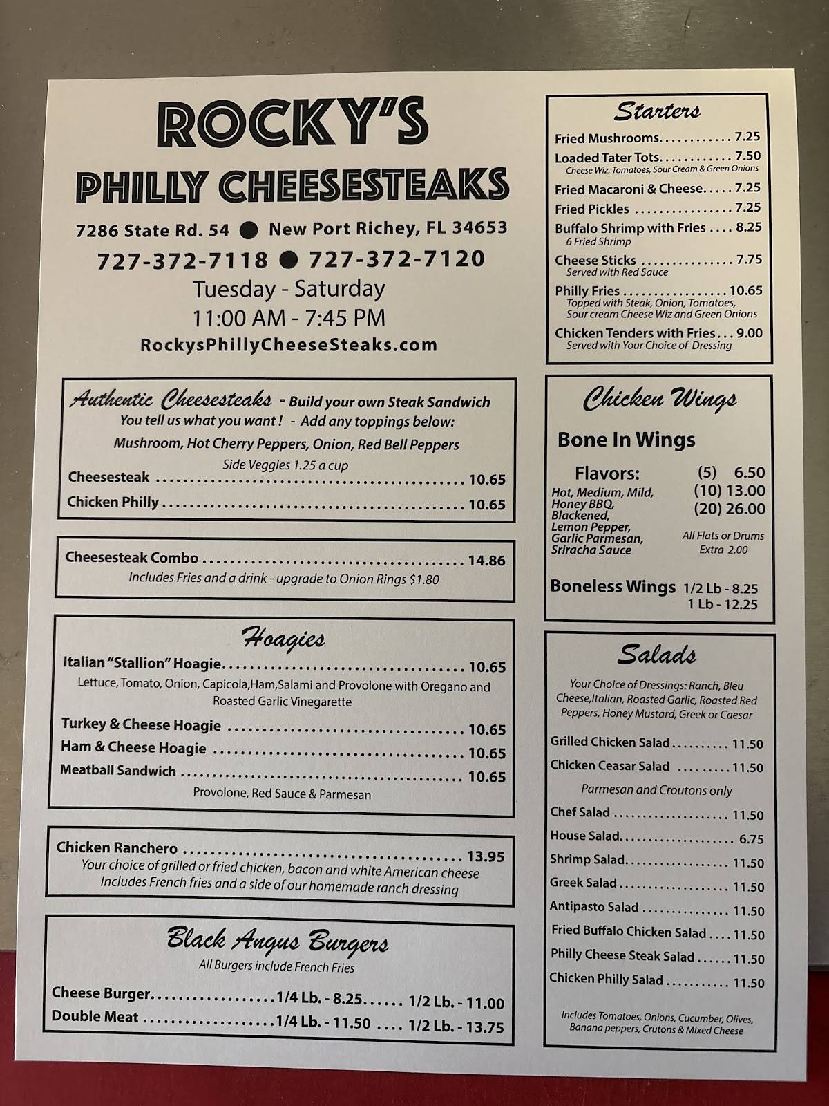 Menu at Rocky's Philly Cheesesteaks and Hoagies restaurant, New Port Richey