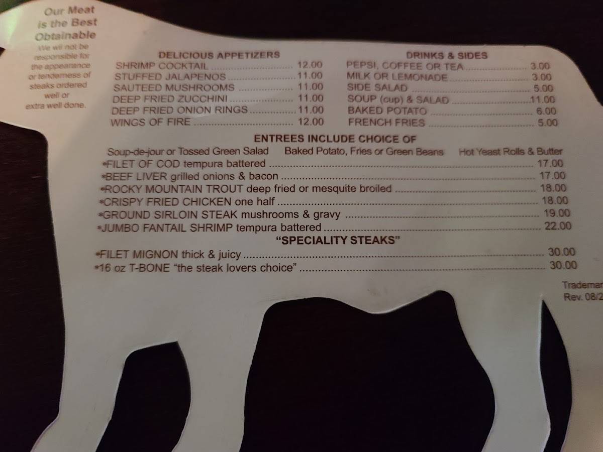 Menu at Rod's Steak House steakhouse, Williams